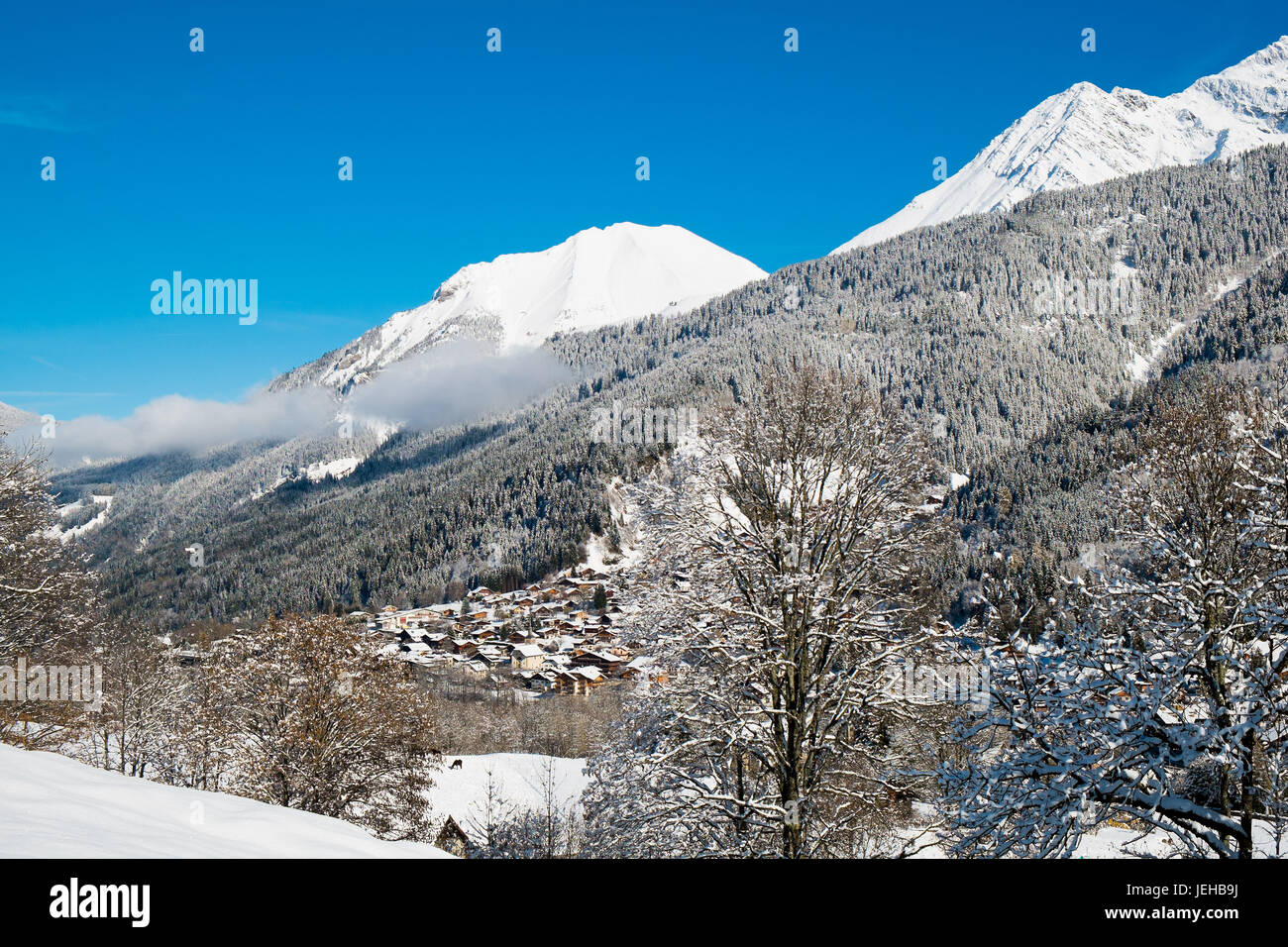 View of Mont Blanc and Les Contamines village in Winter, Chamonix ...