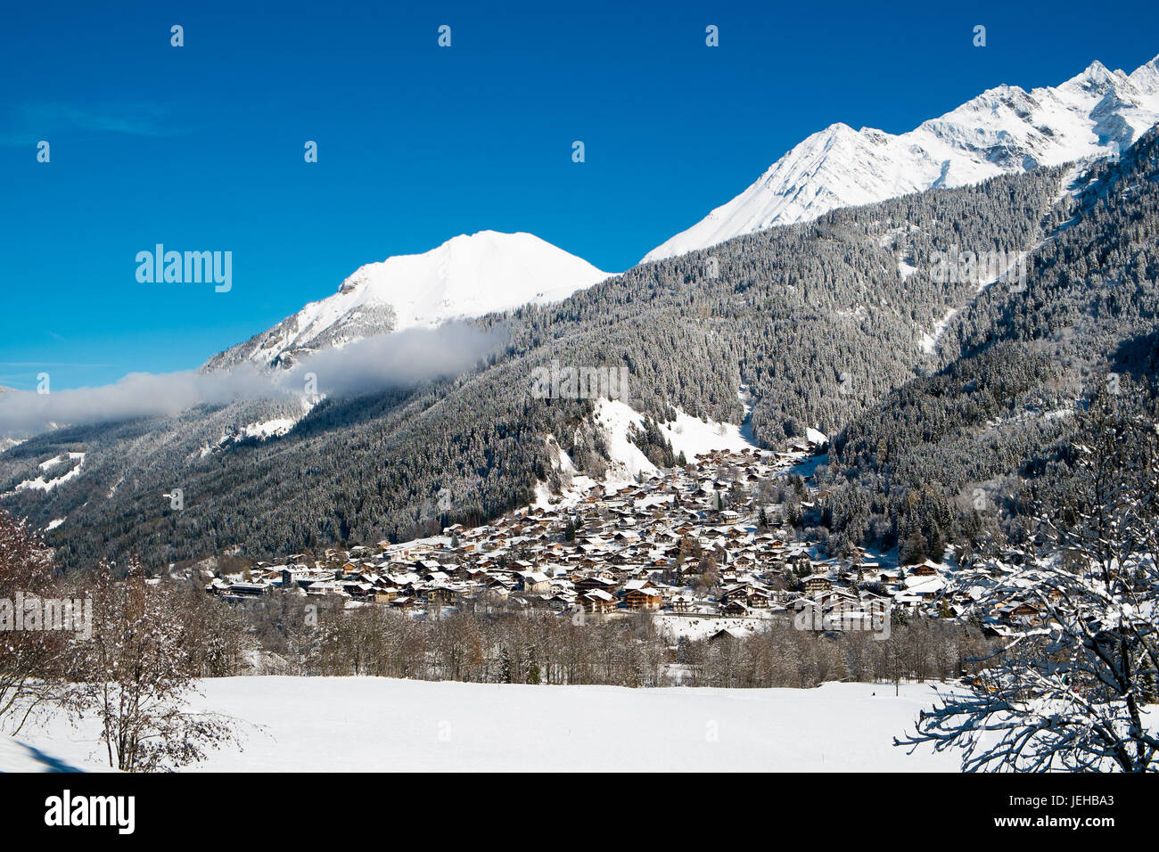 View of Mont Blanc and Les Contamines village in Winter, Chamonix ...