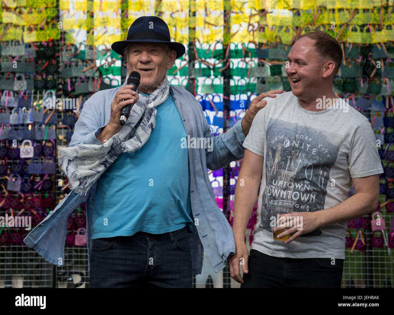 Sir Ian McKellen (left) and Councillor Danny Thorpe unveil a rainbow ...