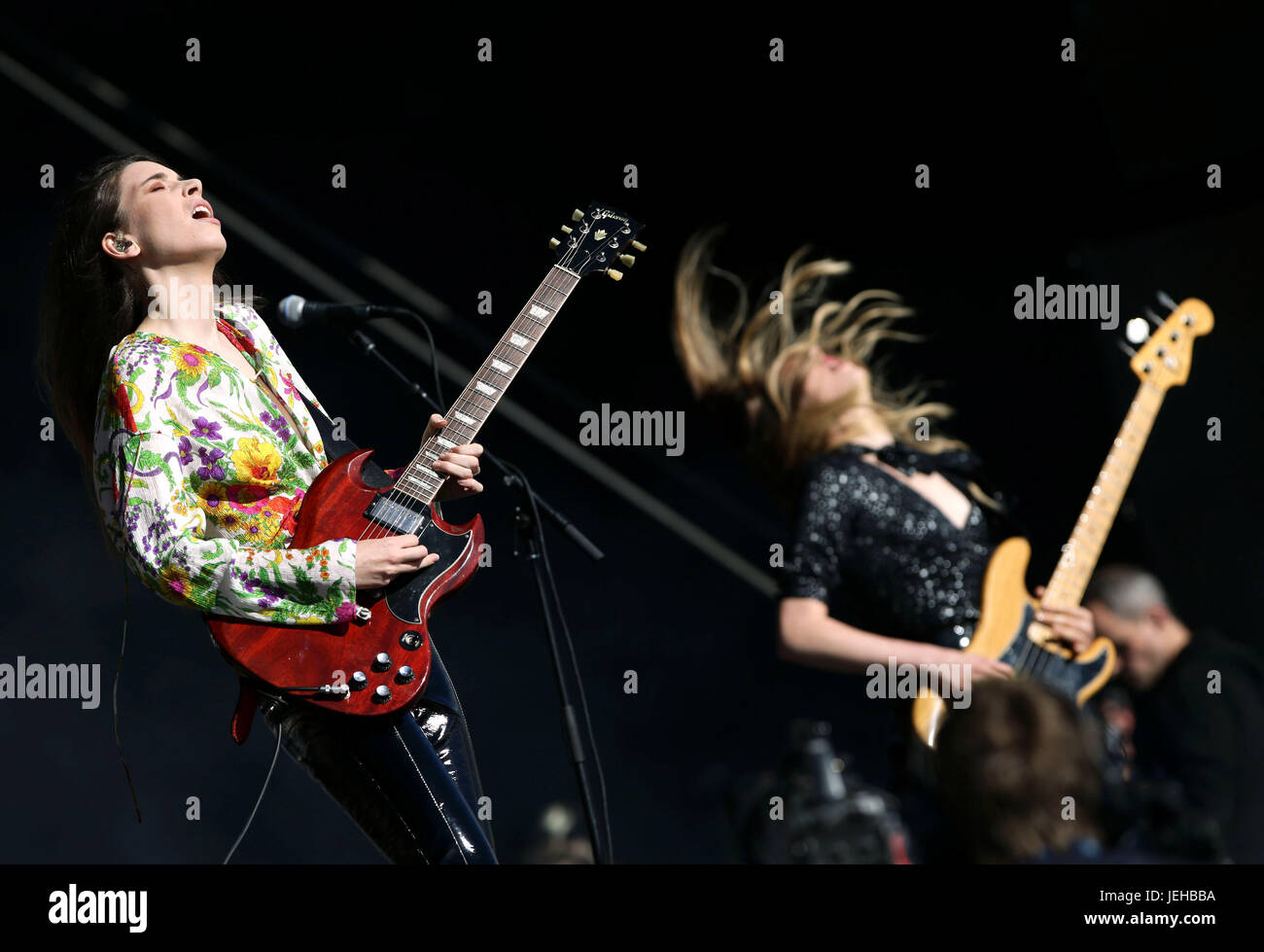 Haim performing on the Other Stage at Glastonbury Festival, at Worthy ...