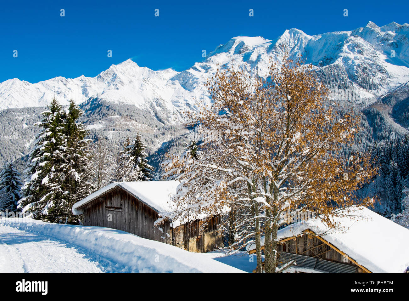 Winter landscape of Mont Blanc from Colombaz, Les Contamines, Chamonix ...