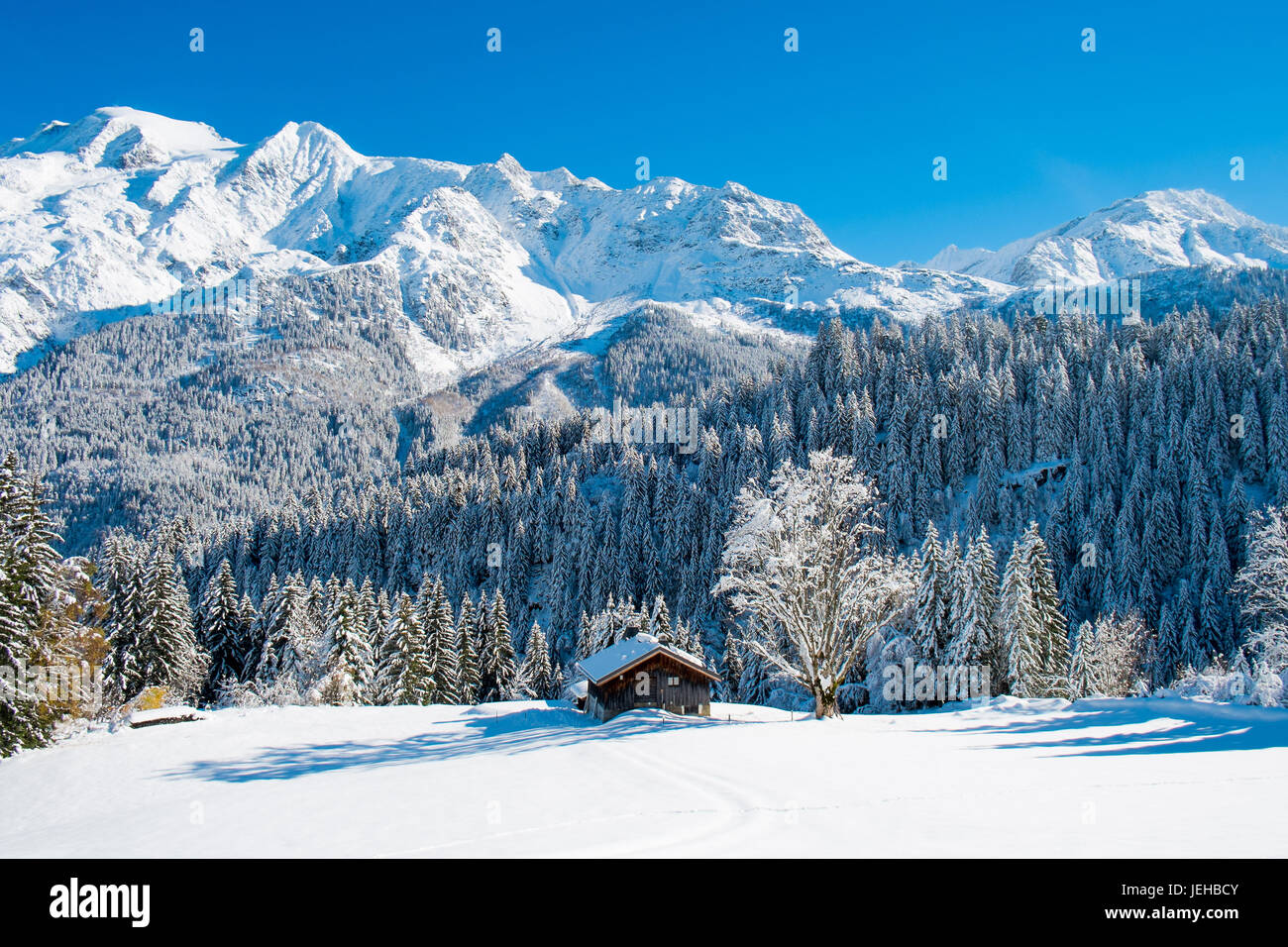 Winter landscape of Mont Blanc from Colombaz, Les Contamines, Chamonix ...