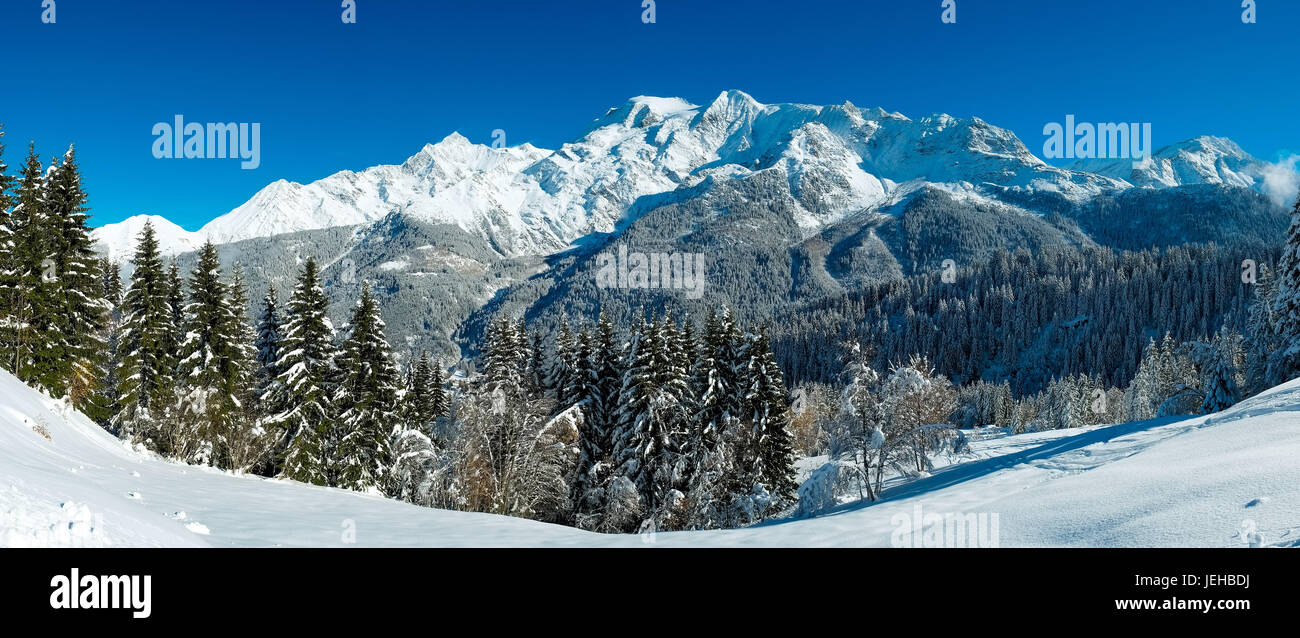 Winter landscape of Mont Blanc from Colombaz, Les Contamines, Chamonix ...