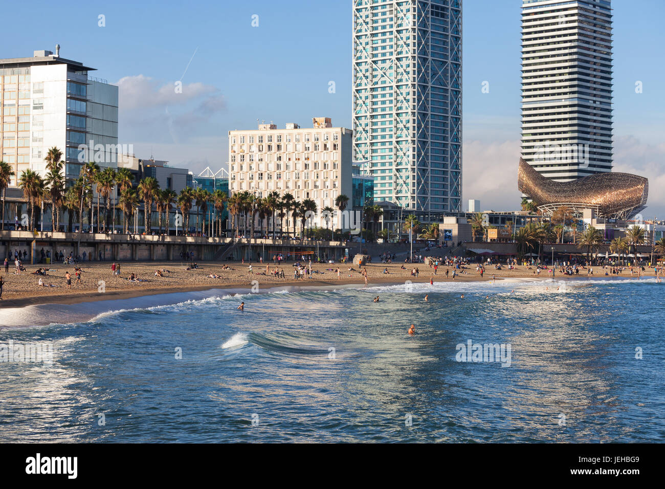 Barcelona city, Spain, beach front skyline with Twin Towers ...
