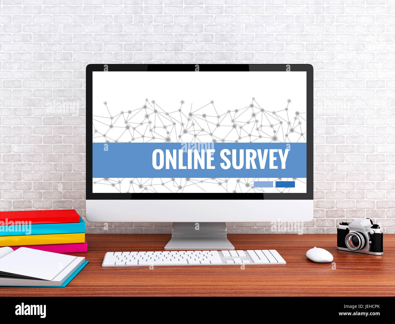 3D illustration. Modern workspace and computer with words ONLINE SURVEY ...