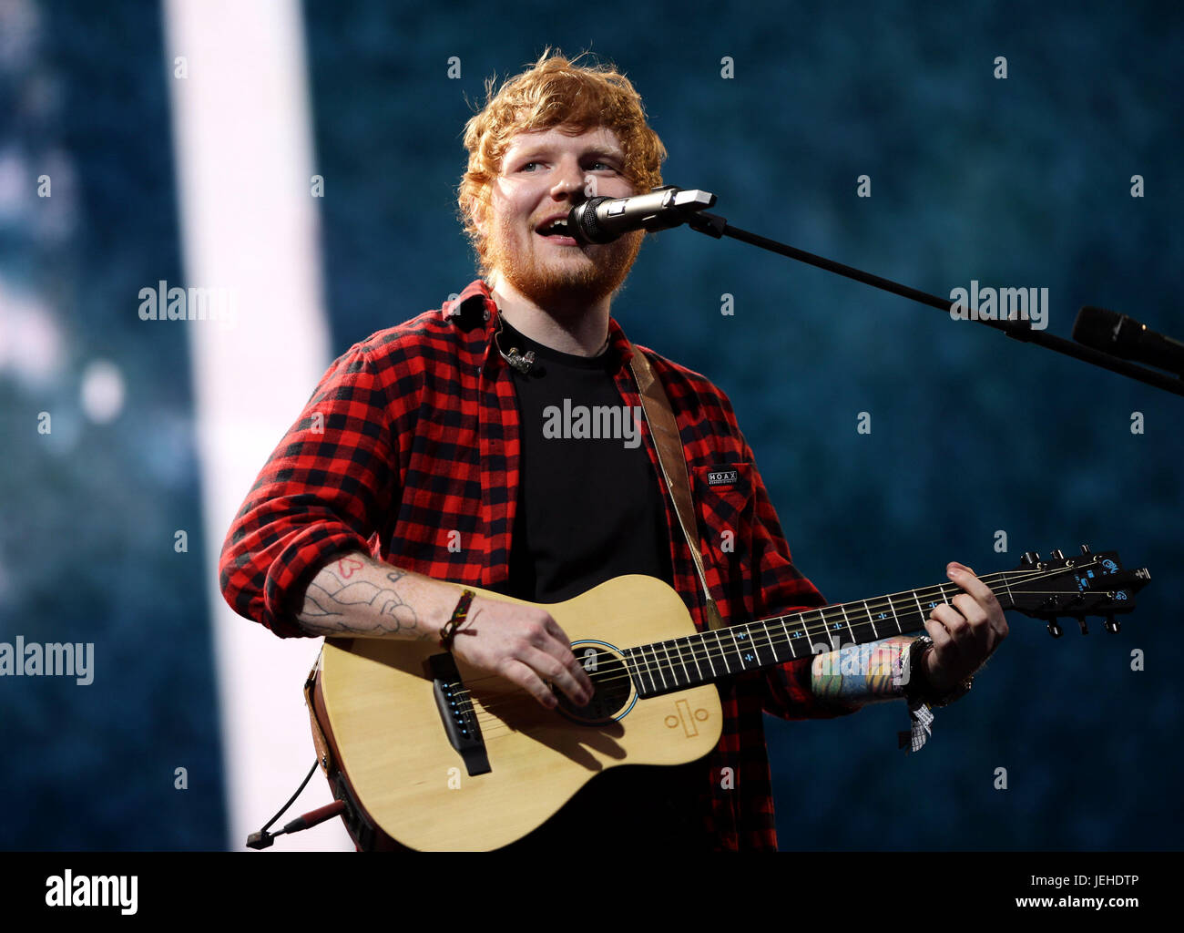 Ed Sheeran performing on the Pyramid stage at Glastonbury Festival, at ...