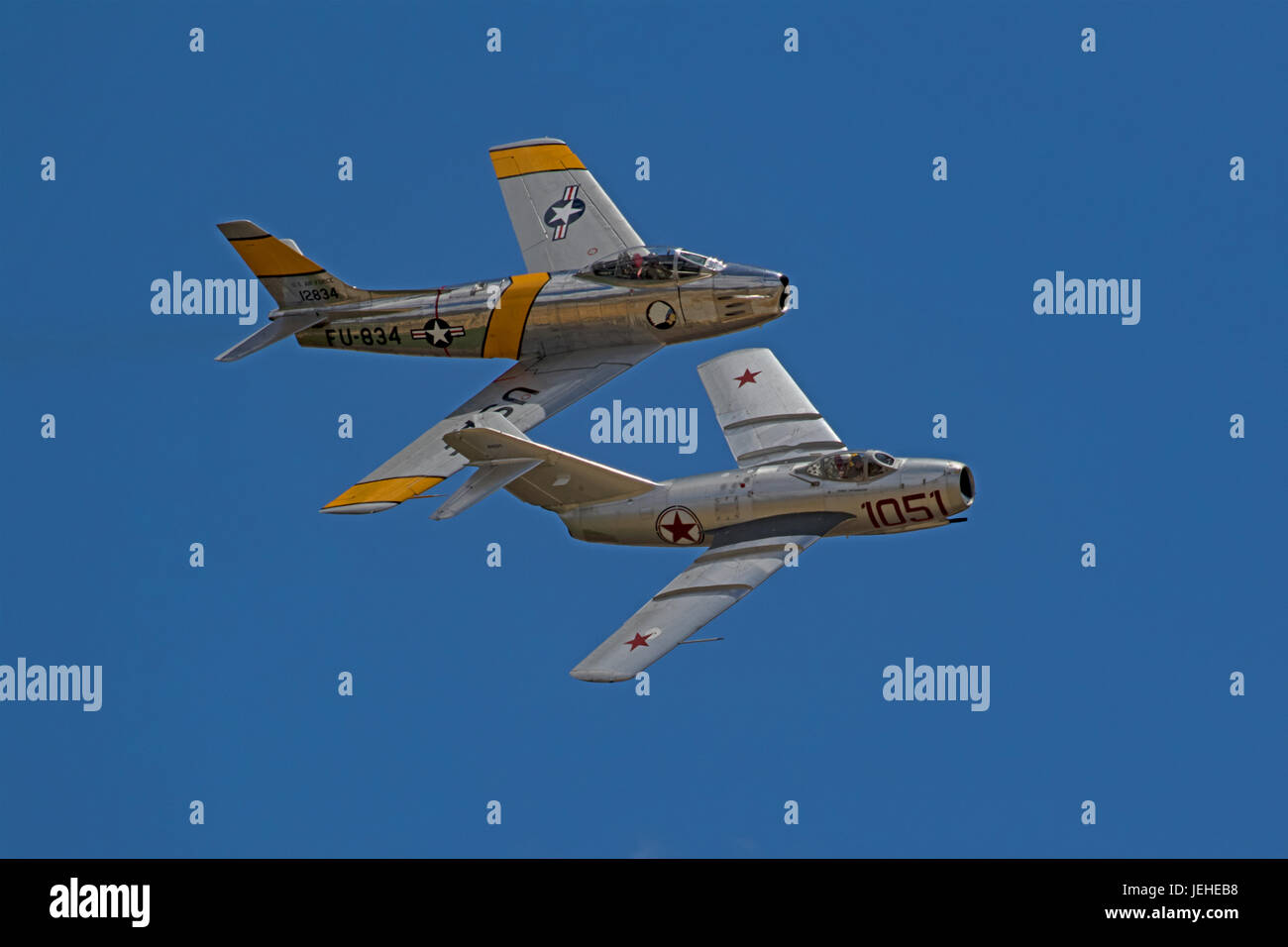 Airplanes Korean War jet aircraft flying at California air show Stock ...