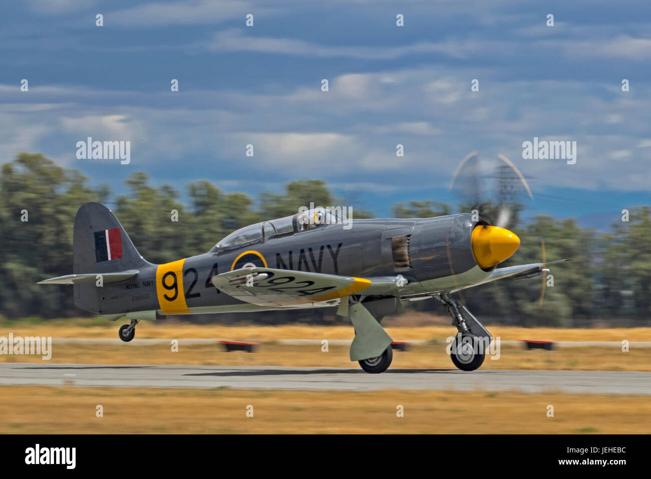 Airplane vintage WWII Hawker Sea Fury take-off at air show Stock Photo ...