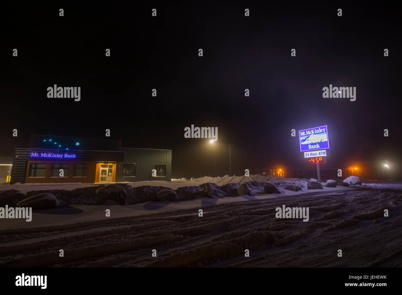 The Mt. McKinley Bank sign in Delta Junction displays a temperature of ...