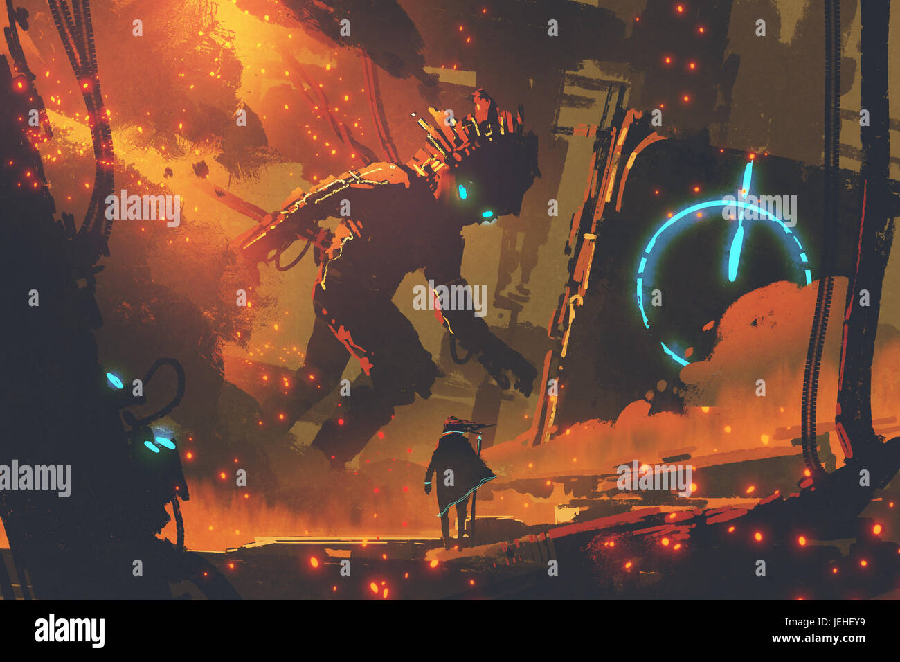 sci-fi concept of man looking at giant robot with burning city on ...