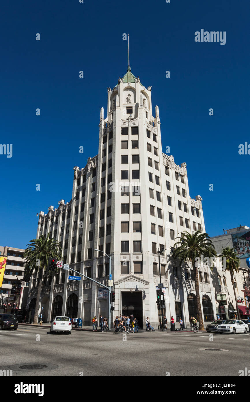 A large white building with antenna on the corner in Hollywood; Los ...