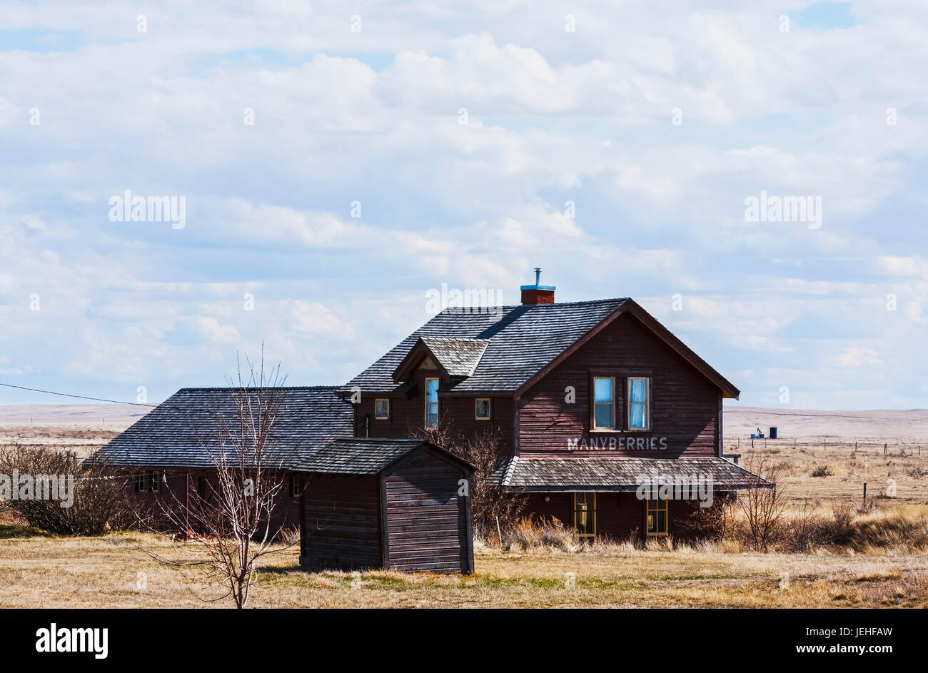 Former railroad station on the Alberta prairies; Orion, Alberta, Canada ...