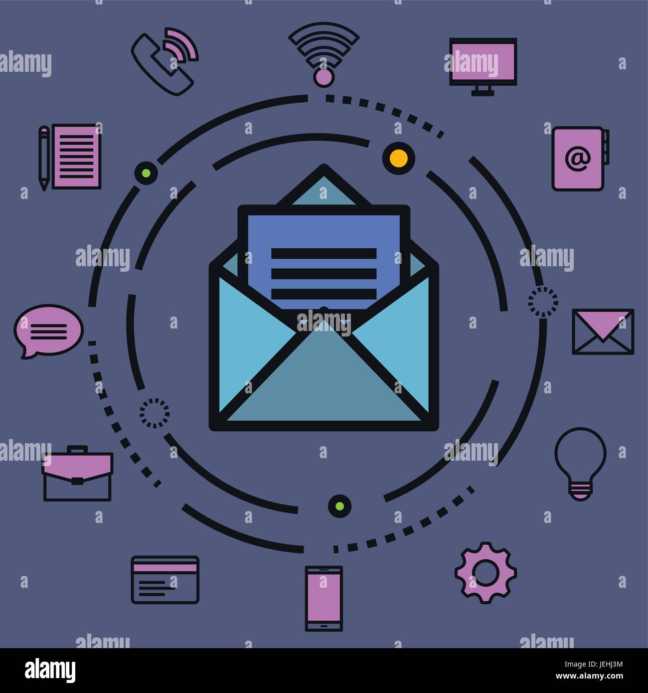 Envelope with technology and communication related objects over purple ...