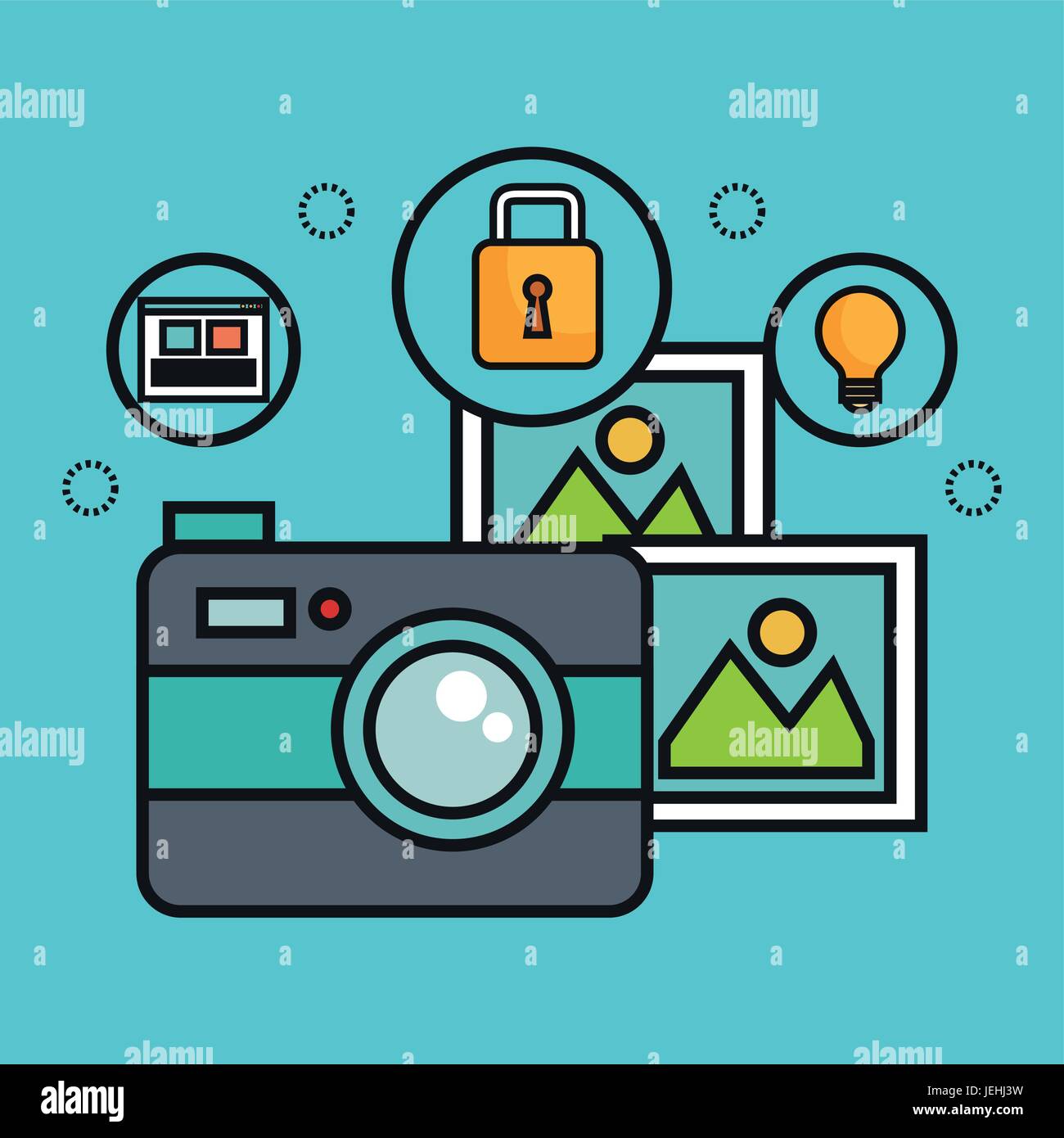 Camera with pictures and technology related objects over blue ...