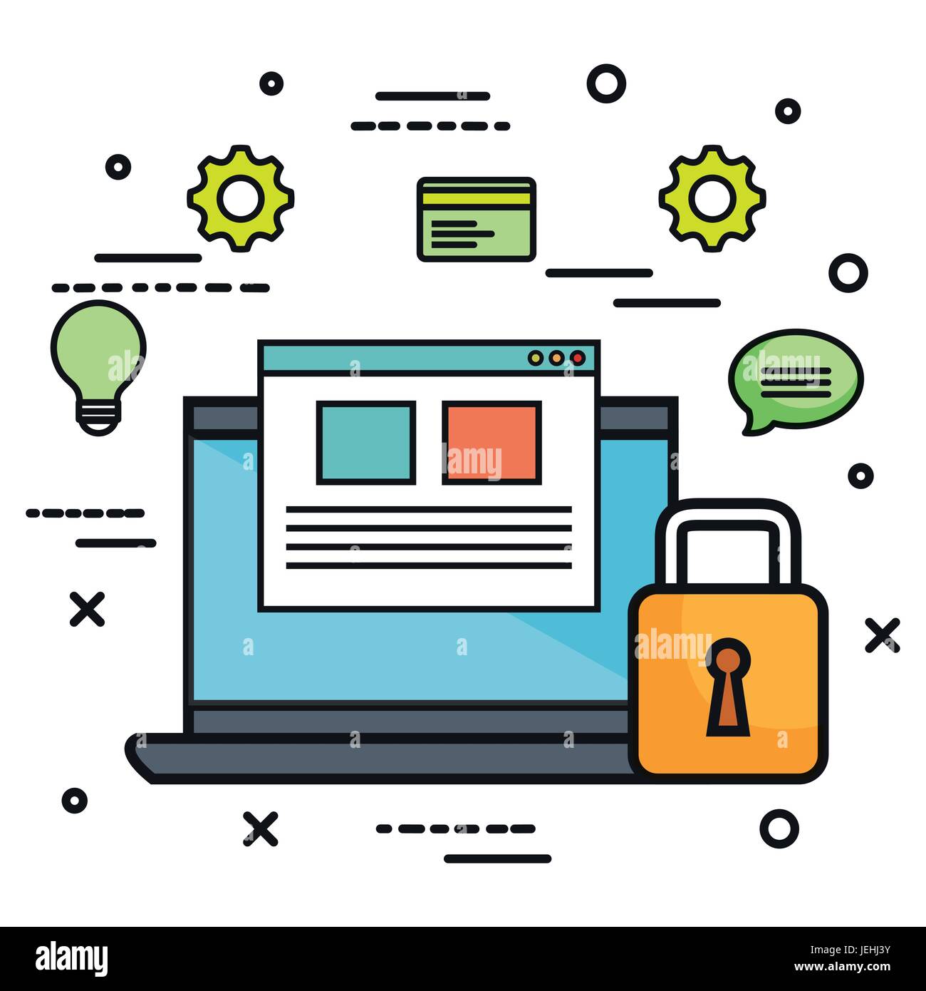 Laptop with webpage and technology related objects over white ...