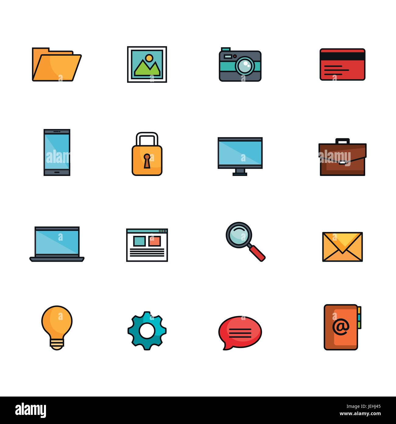 Colorful technology and communication related icon set over white ...