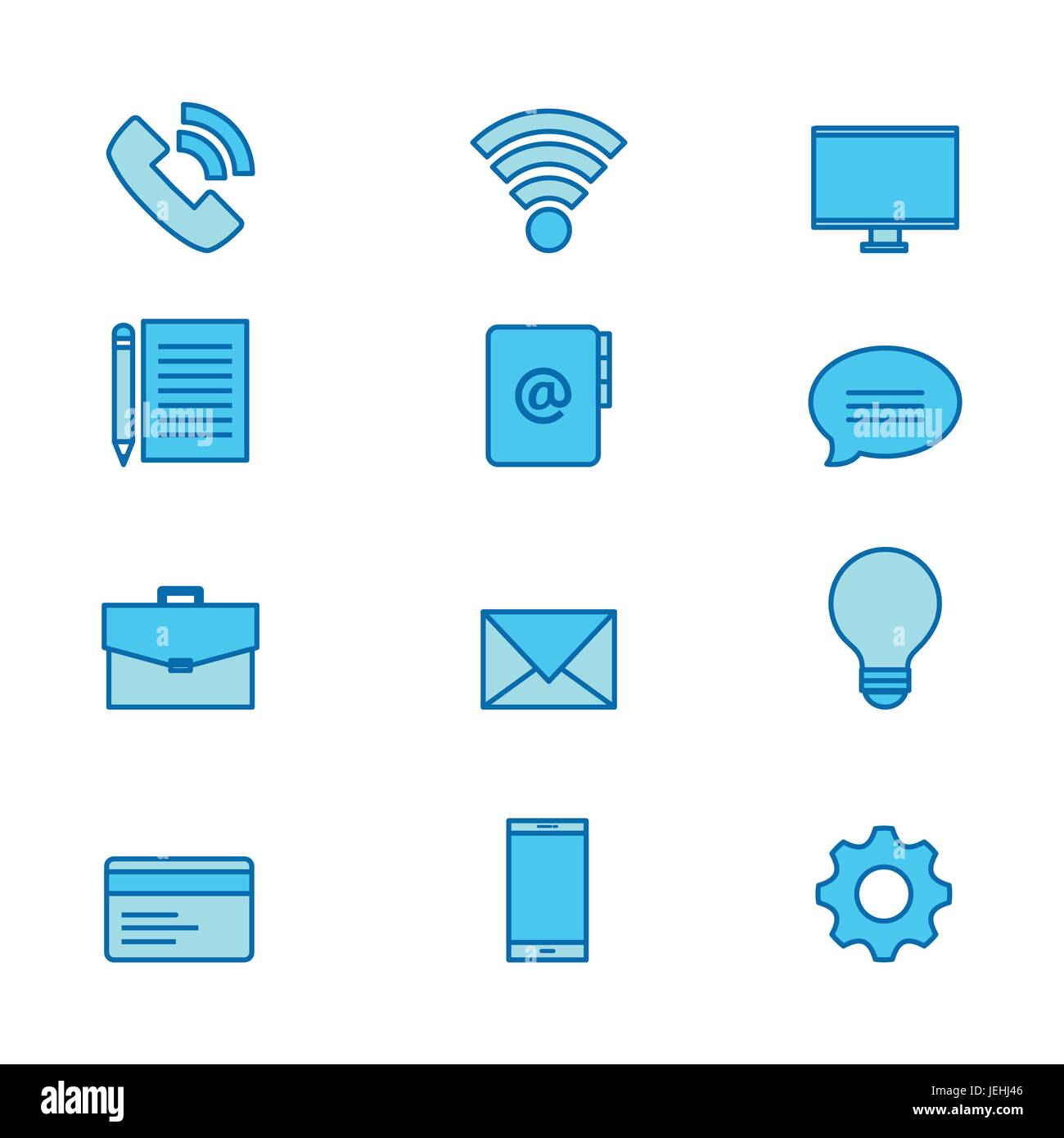 Blue technology and communication related icon set over white ...
