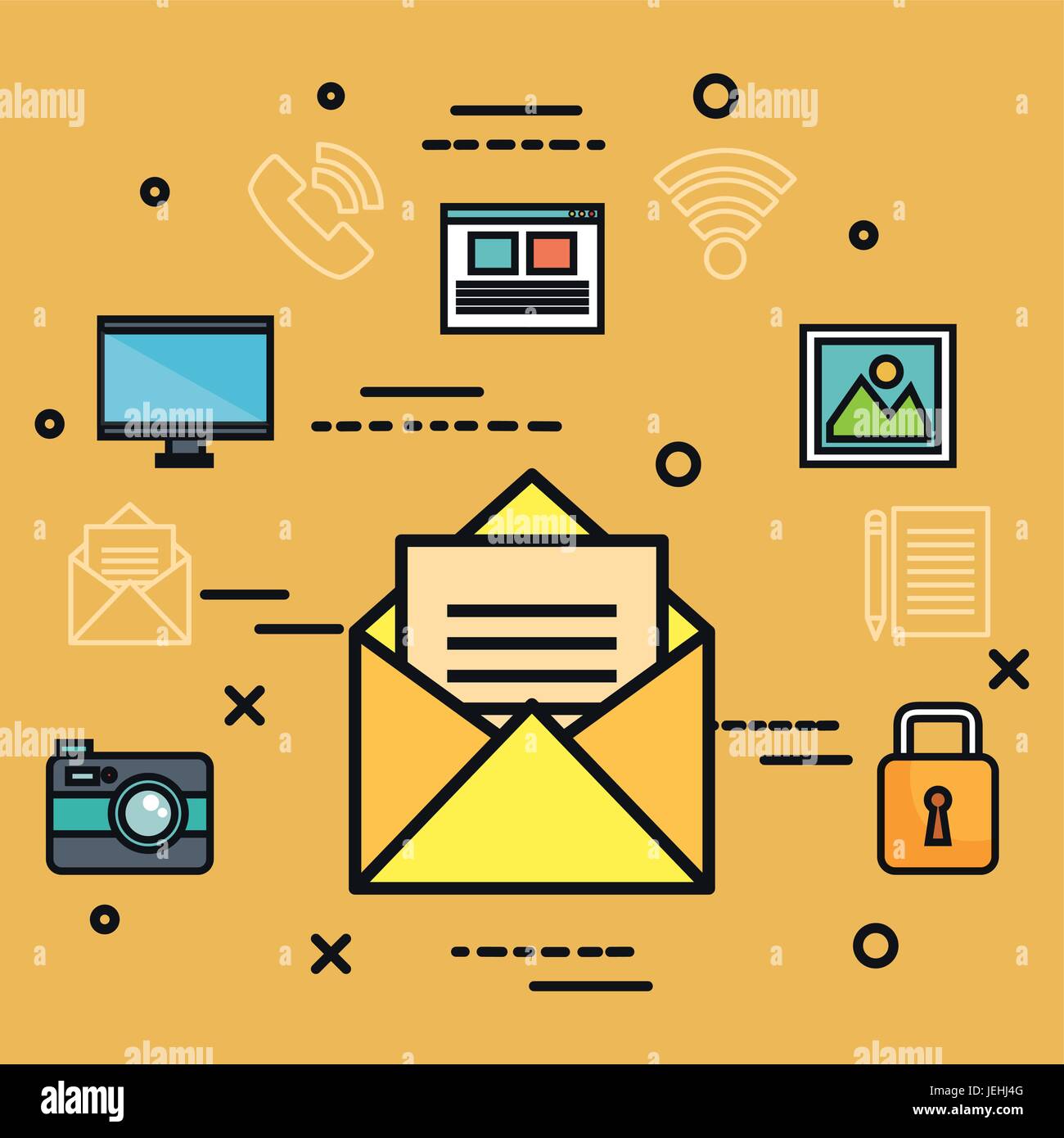 Envelope with techonolgy and communication related objects over yellow ...
