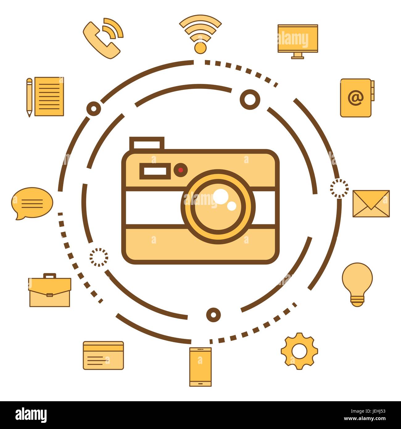 Camera with technology and communication related objects over white ...