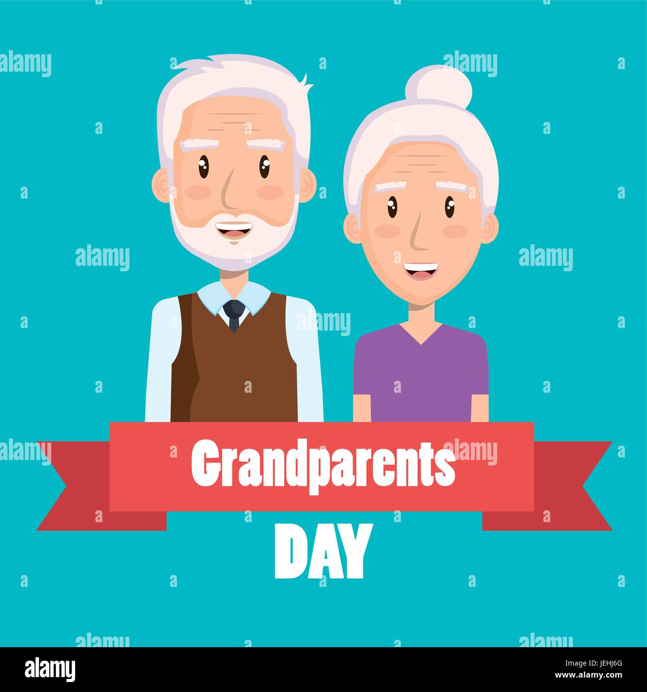 Cute elder couple with grandparents day sign and ribbon over blue ...