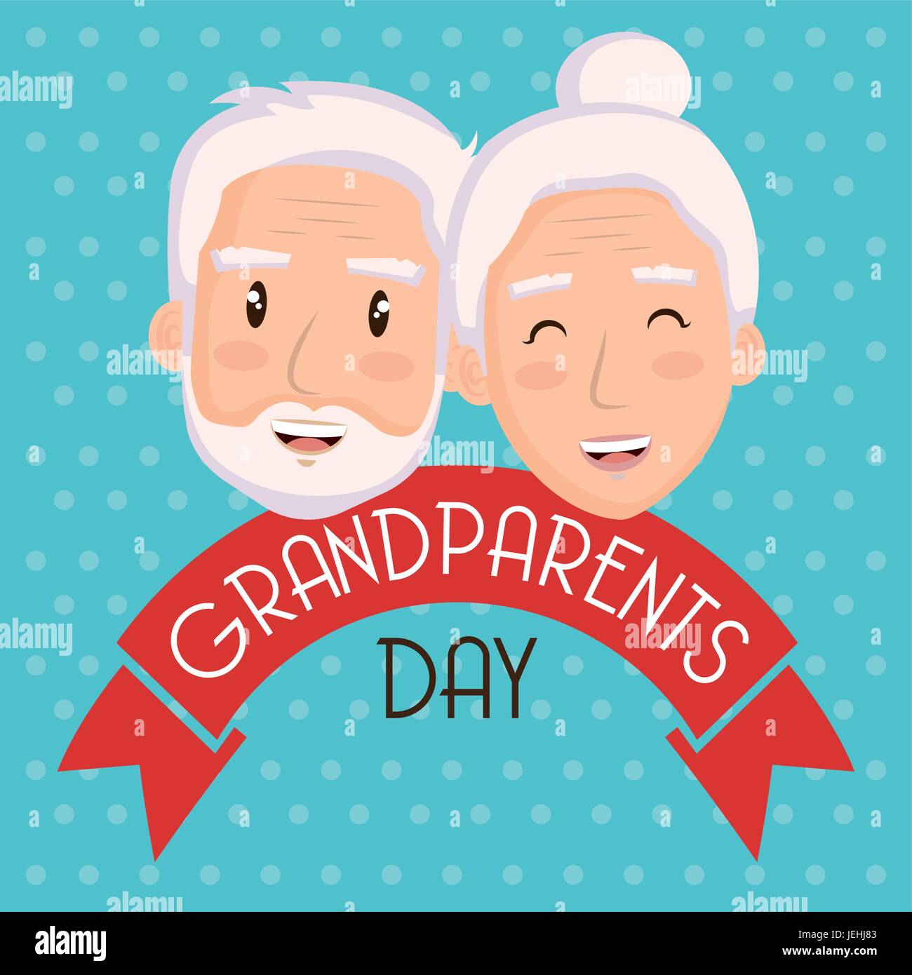 Elder couple faces and grandparents day sign with ribbon over teal ...