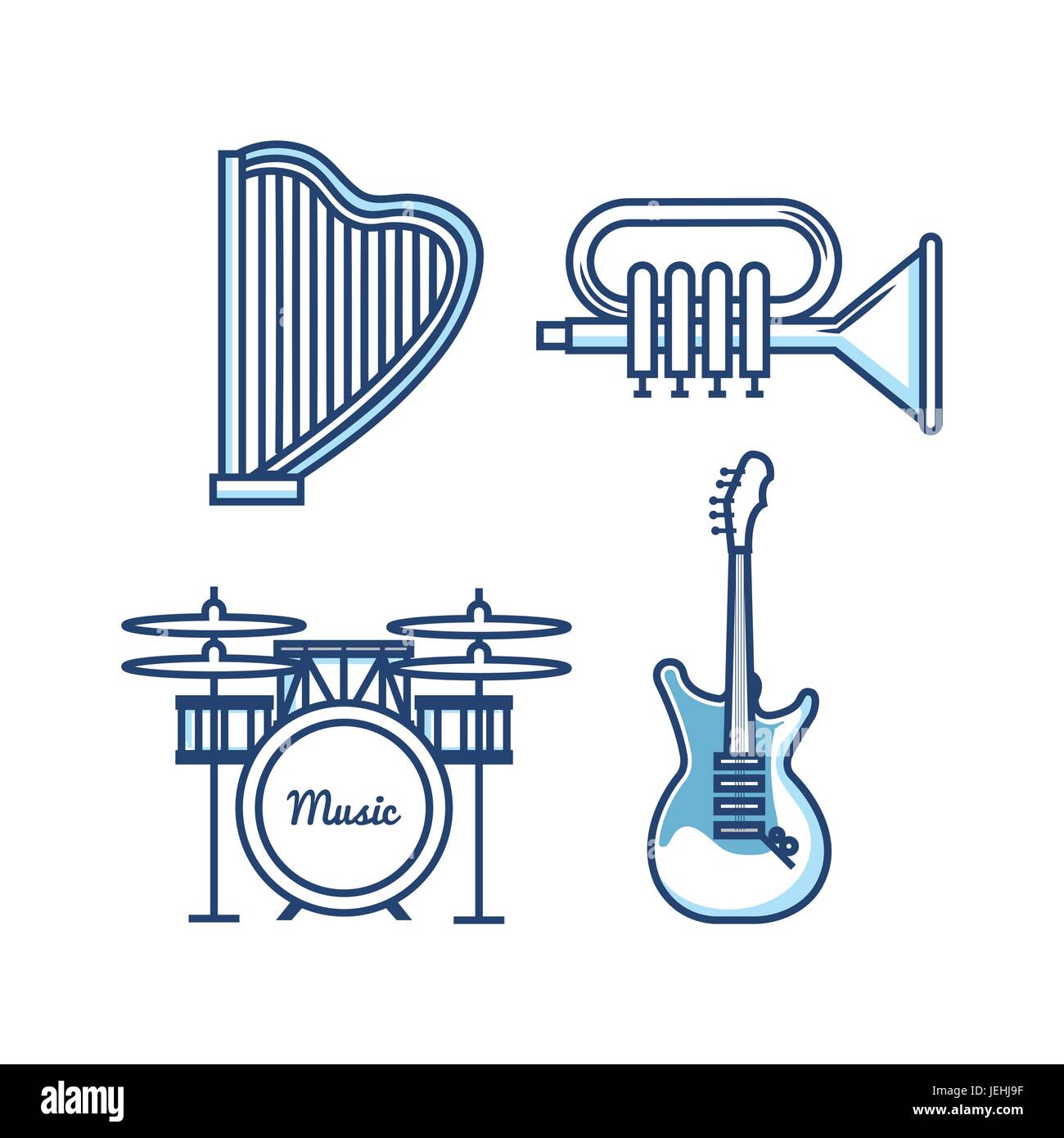 Hand drawn musical instruments over white background vector ...