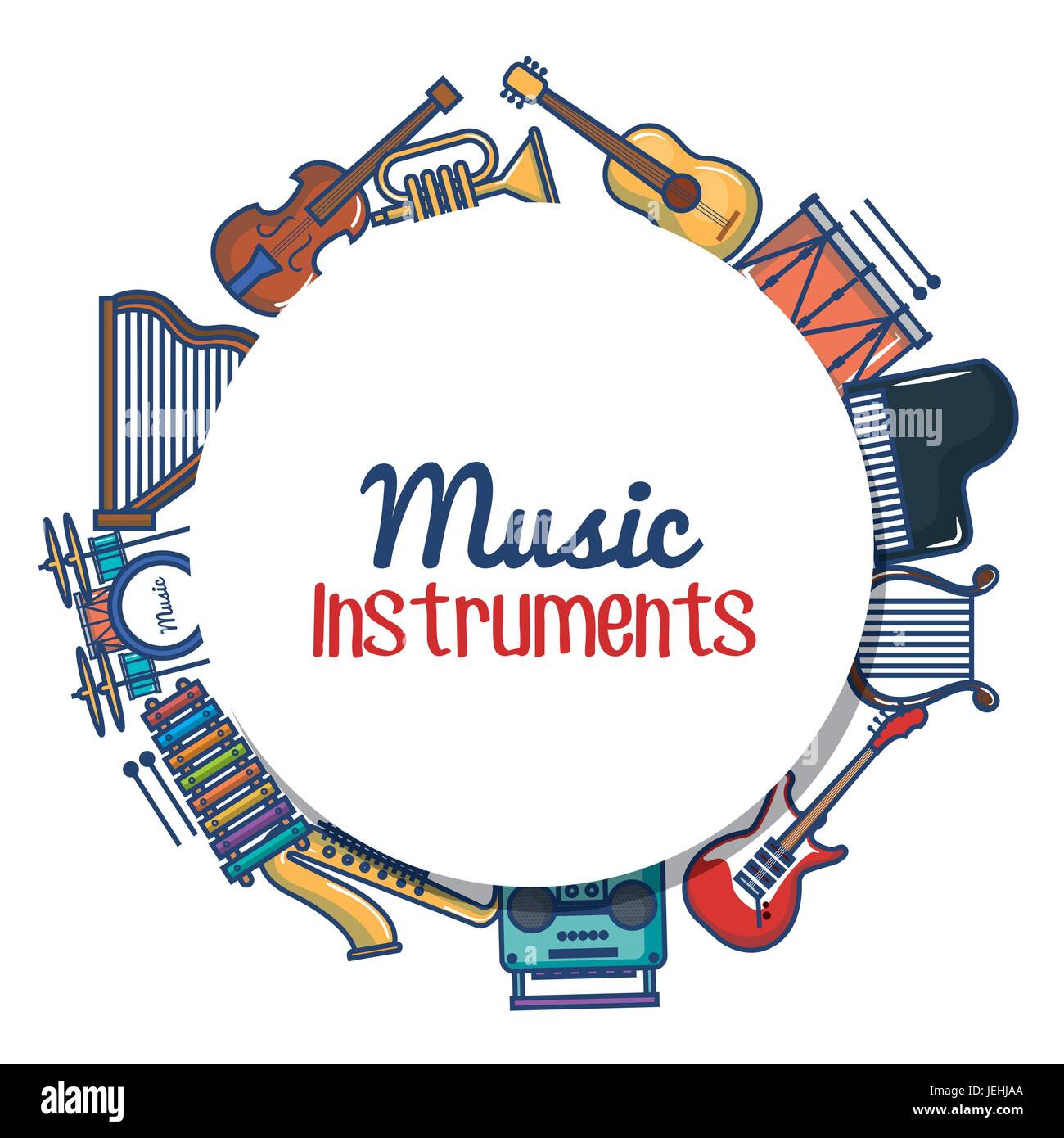 Round music instruments sign surrounded by related objects over white ...