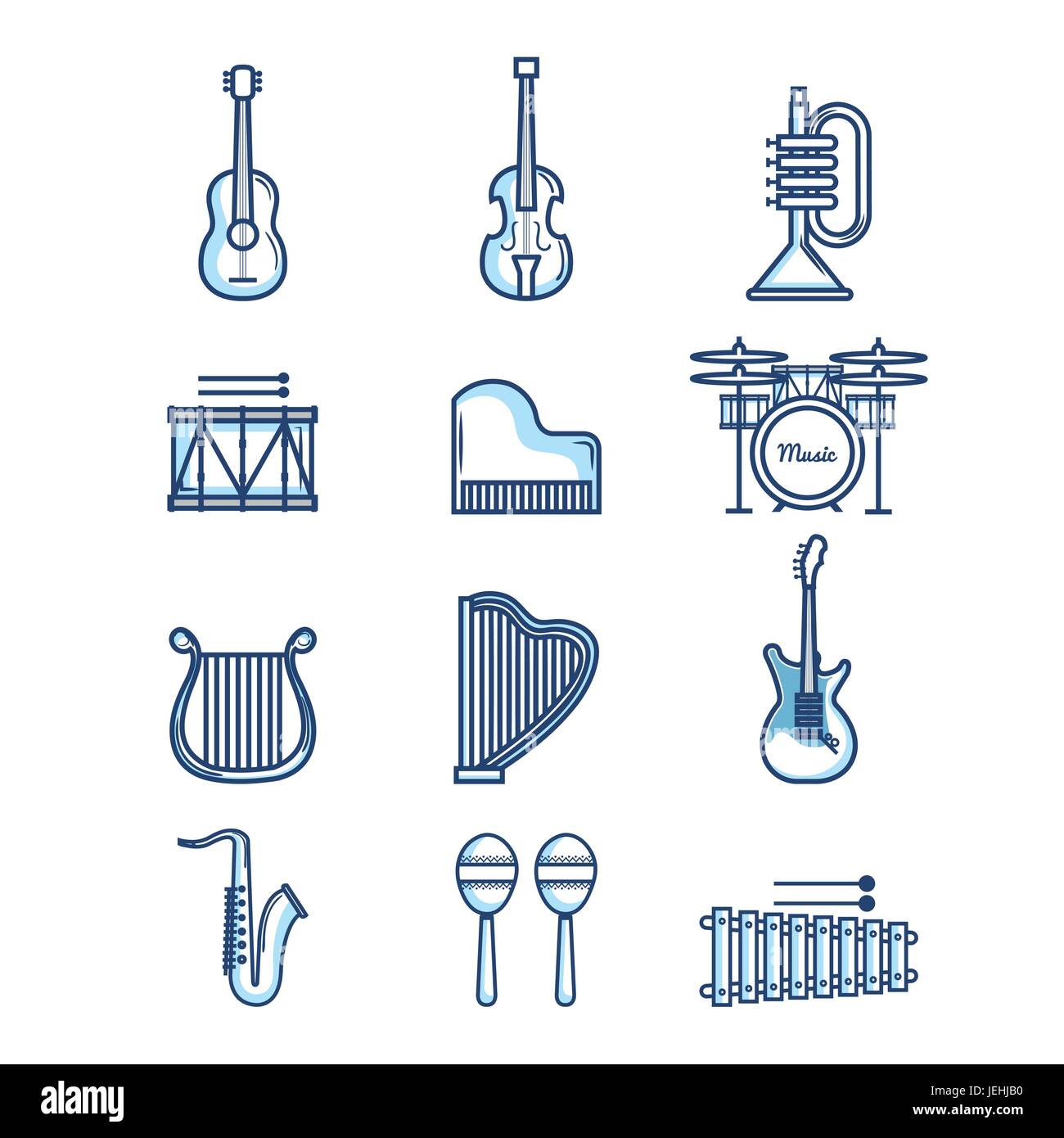 Hand drawn musical instruments over white background vector ...