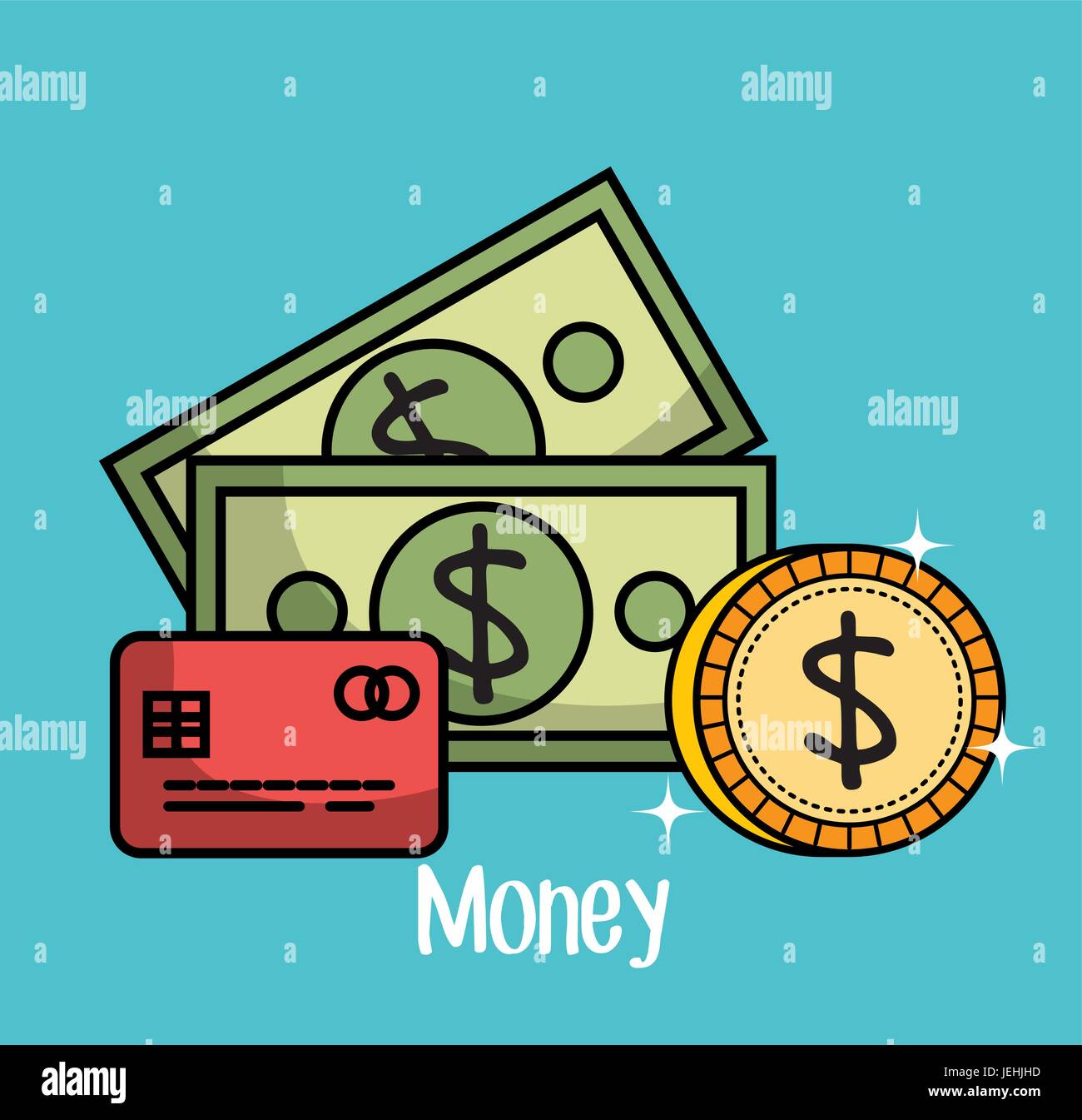 Credit card bills and coin over teal background vector illustration ...