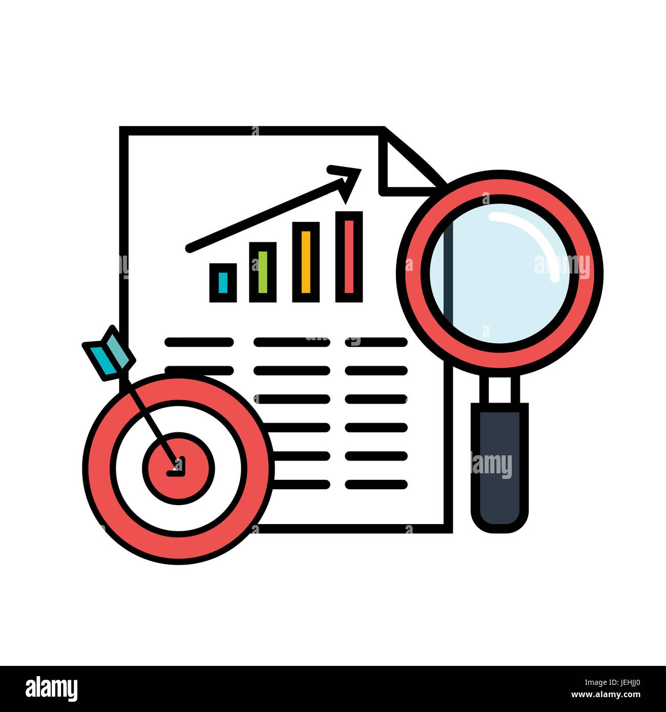 Magnifying glass with graphics in paper and target over white ...