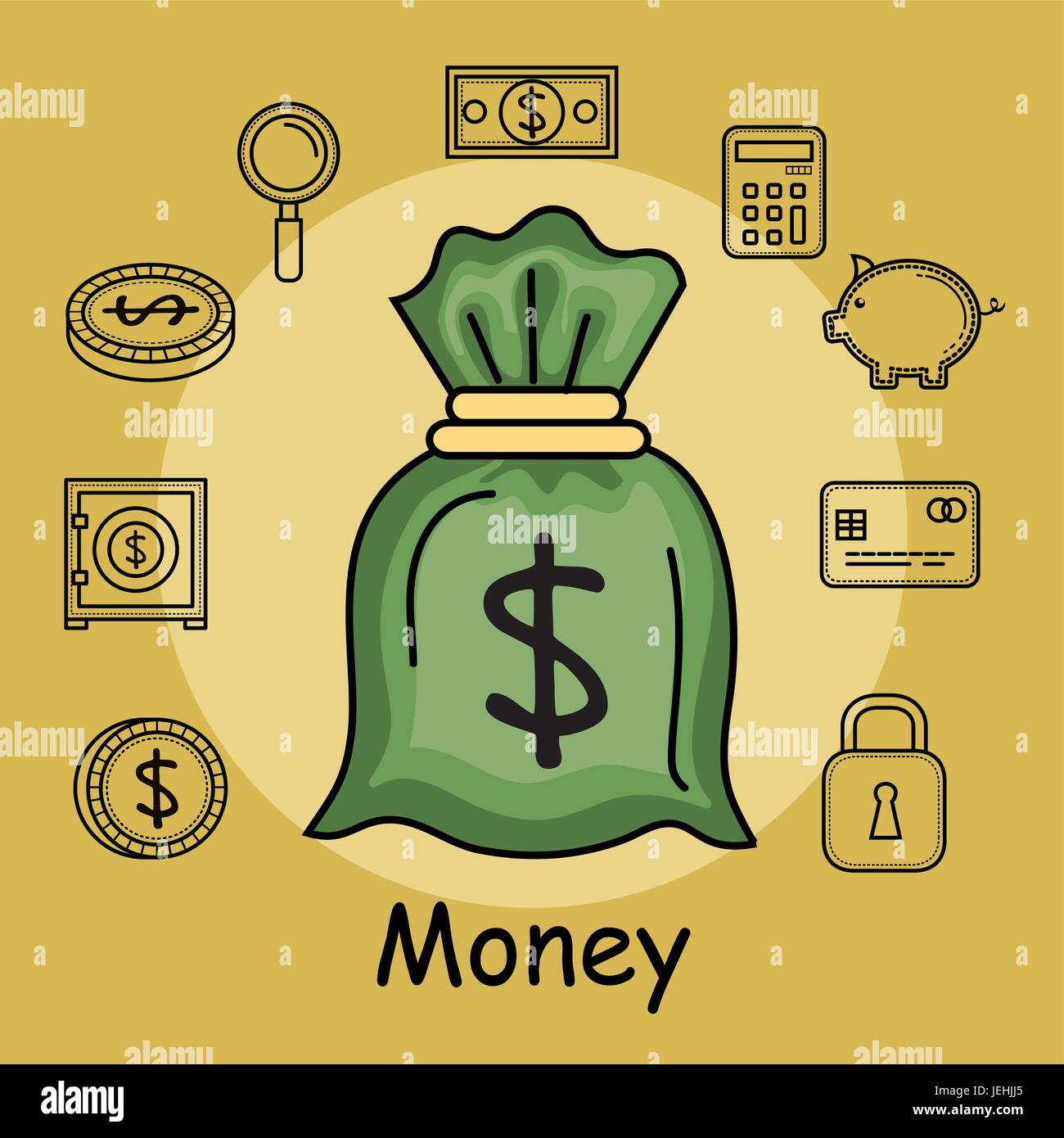 Money bag with hand drawn money related objects over yellow background ...