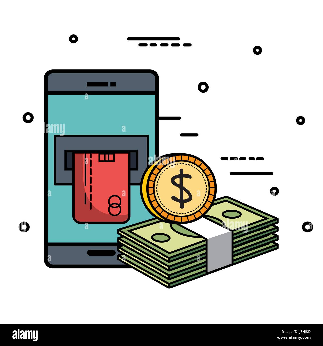 Smartphone with card slot coin and bills over white background vector ...
