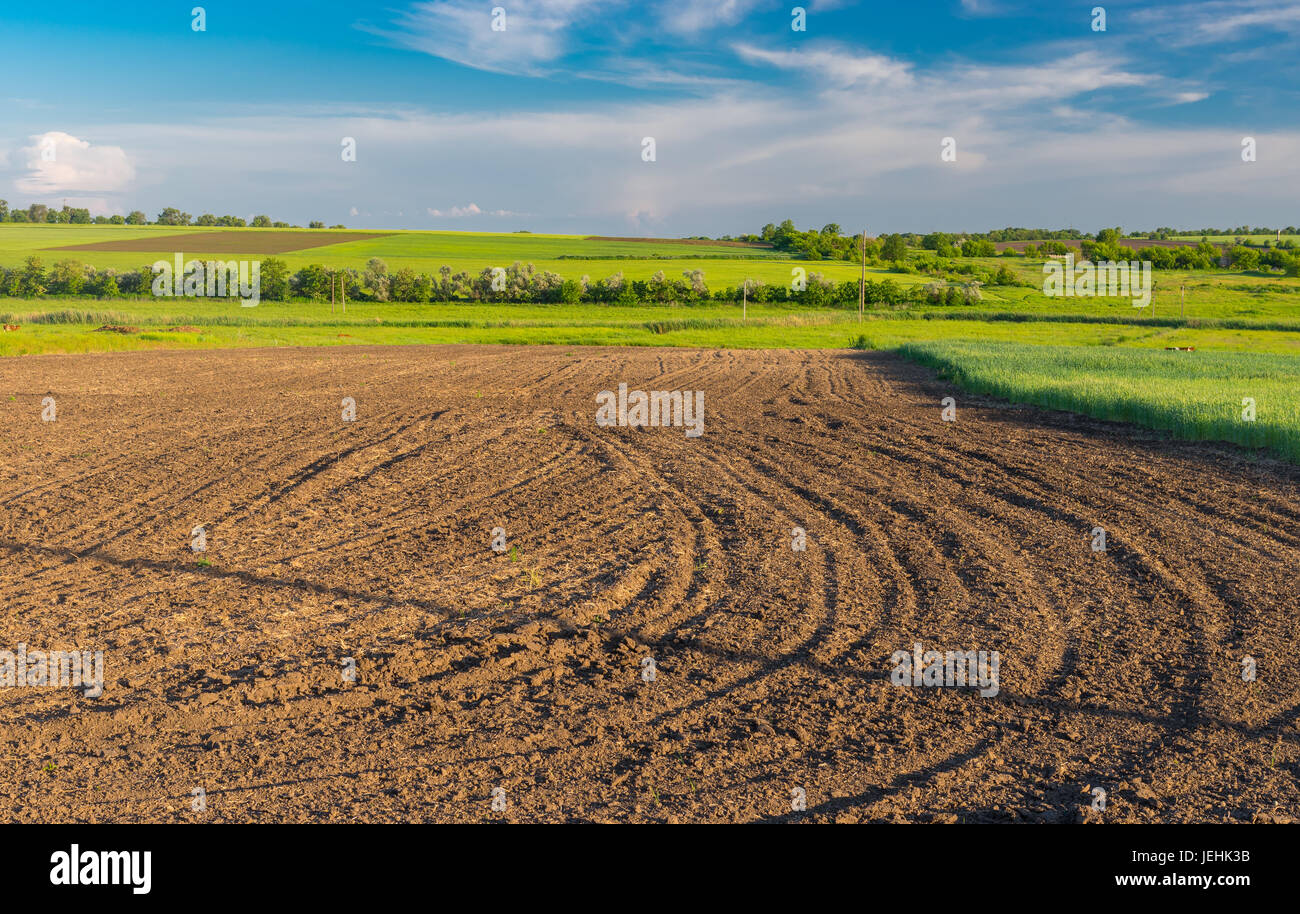 Ukrainian rural landscape with wheat and arable fields near small river ...