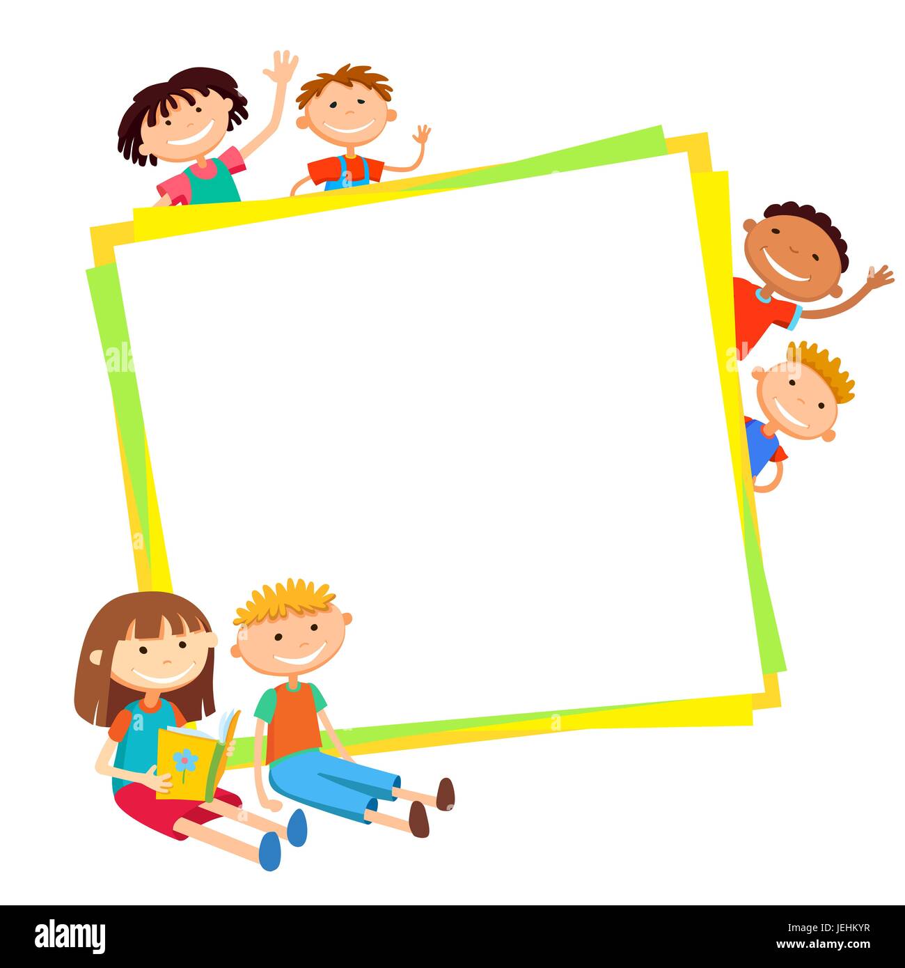 illustration of kids bunner around square banner behind poster vector ...