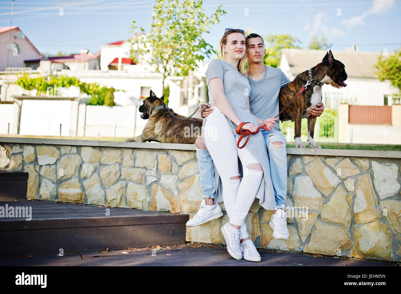 Couple in love with two dogs pit bull terrier on a walk Stock Photo - Alamy