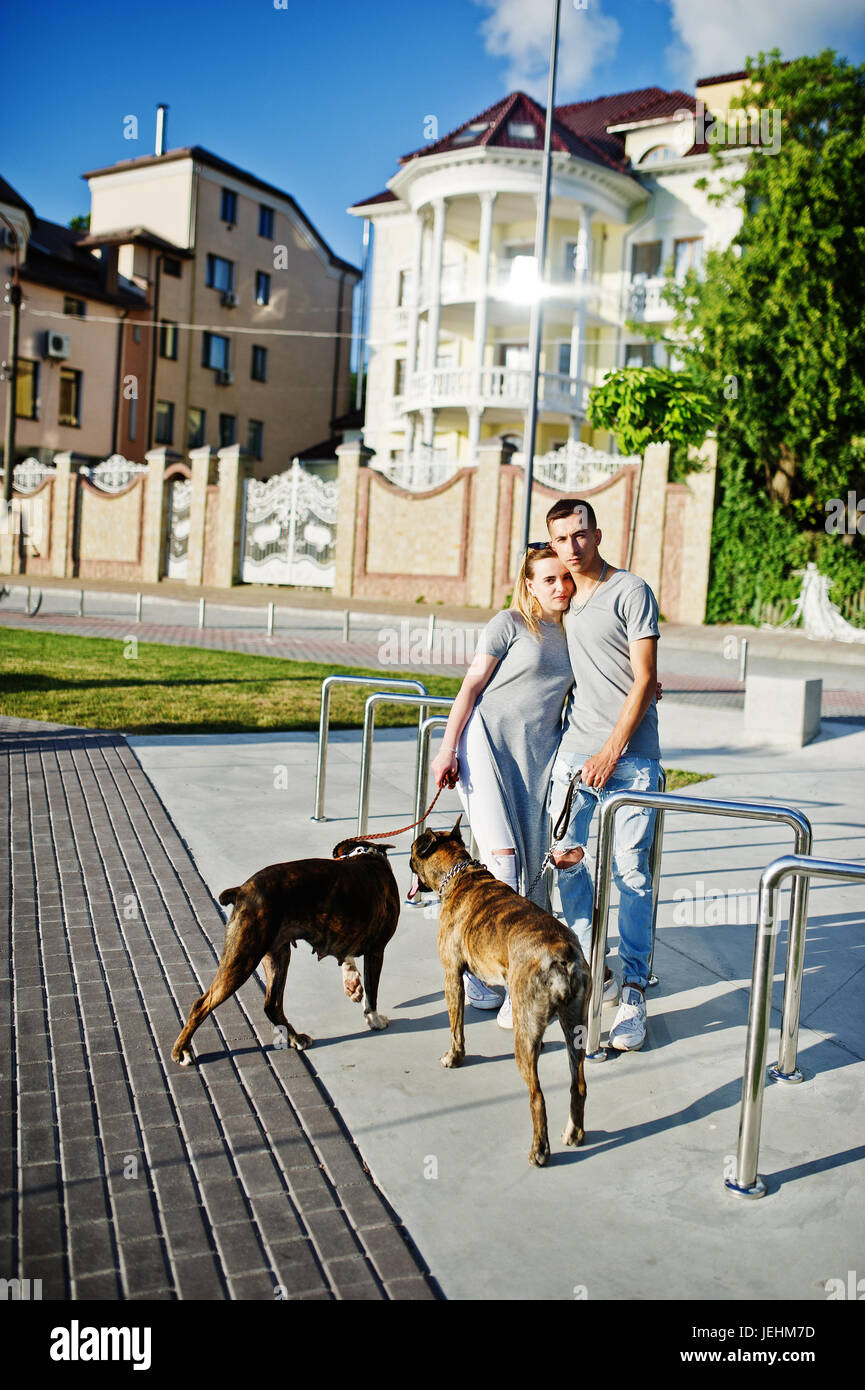 Couple in love with two dogs pit bull terrier on a walk Stock Photo - Alamy