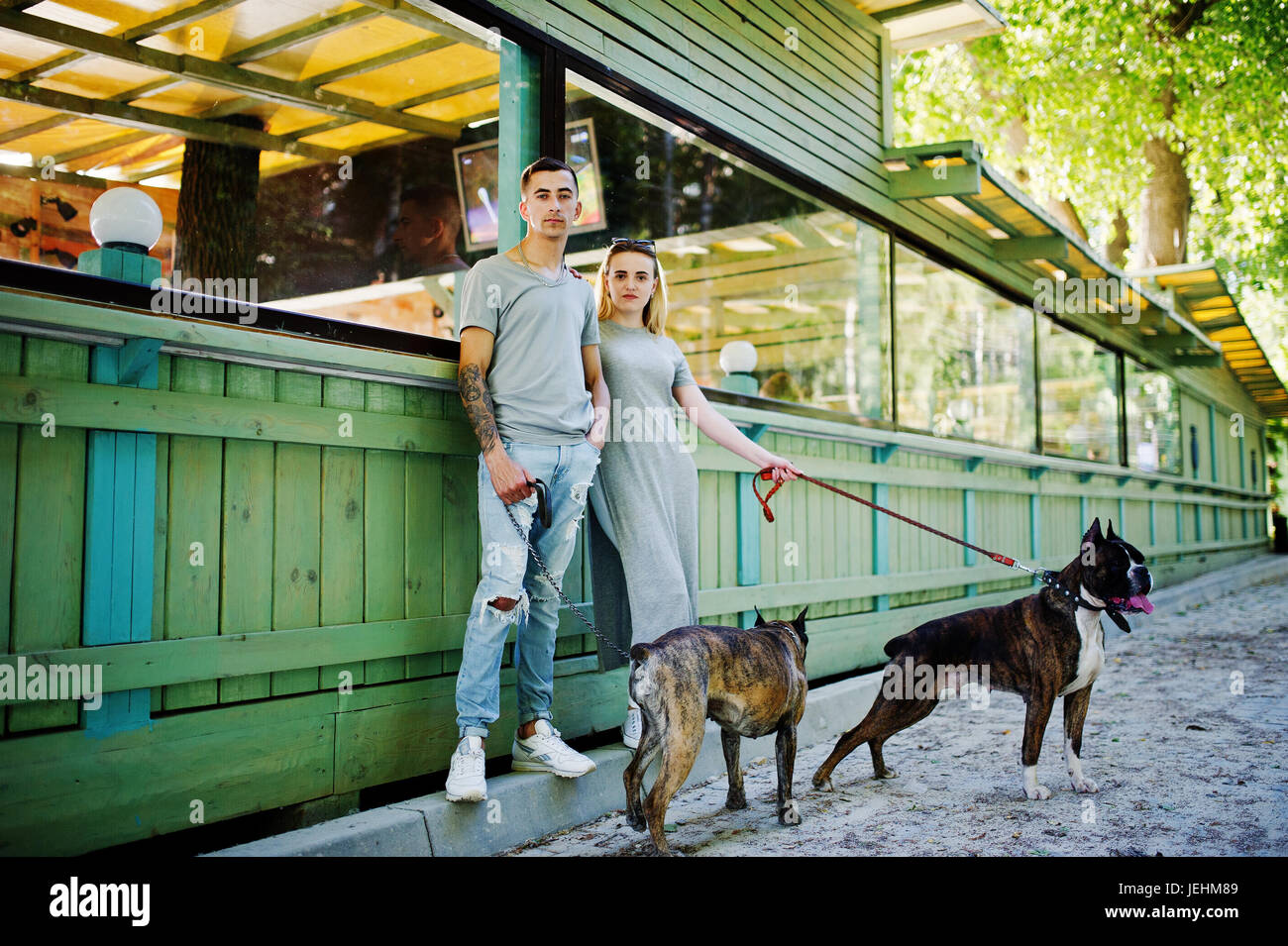 Couple in love with two dogs pit bull terrier on a walk Stock Photo - Alamy