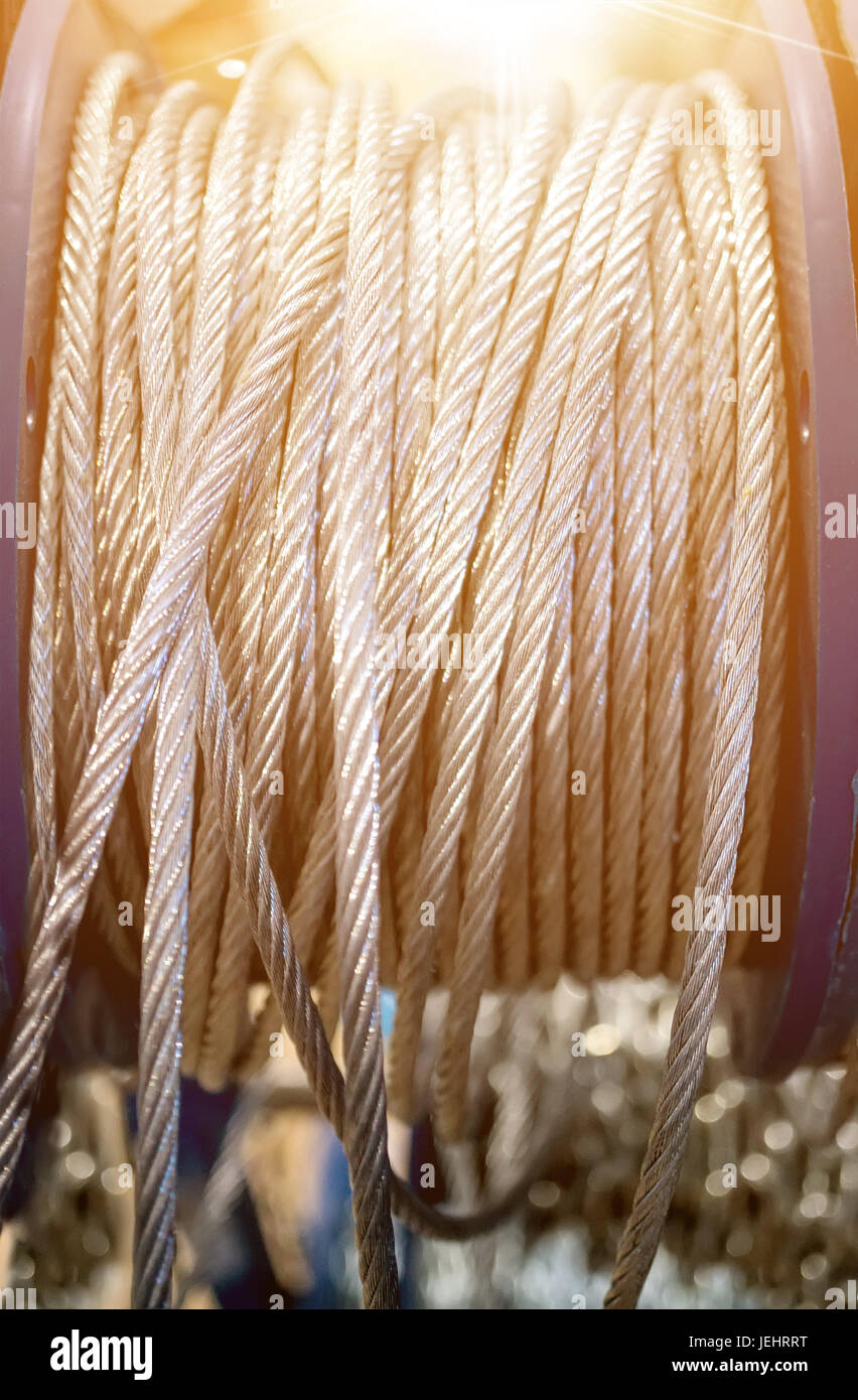 Thick steel braided cable at the Babyn closeup selective focus. Tinted ...