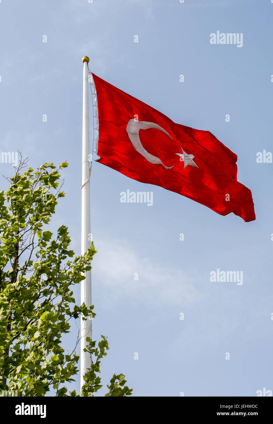 Turkish national flag hang on a pole in open air Stock Photo - Alamy