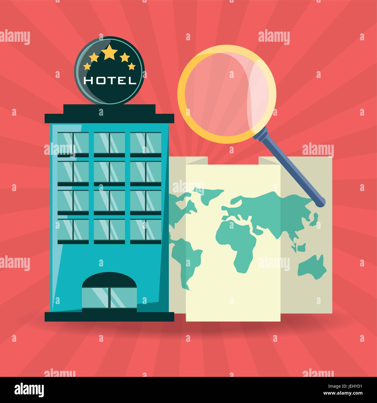 global map with magnifying glass and hotel destination Stock Vector ...