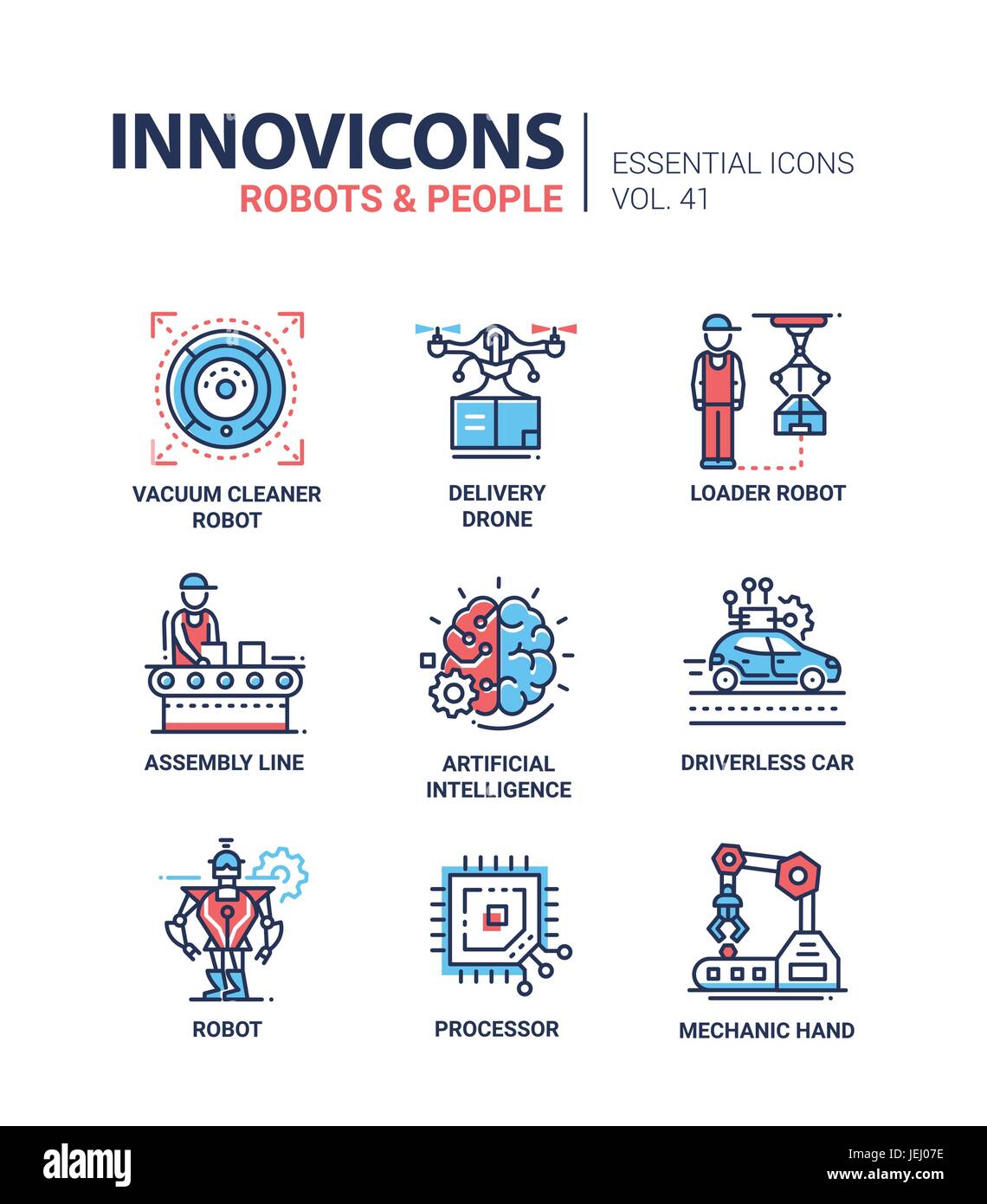 Robots and People - modern vector line design icons set. Vacuum cleaner ...