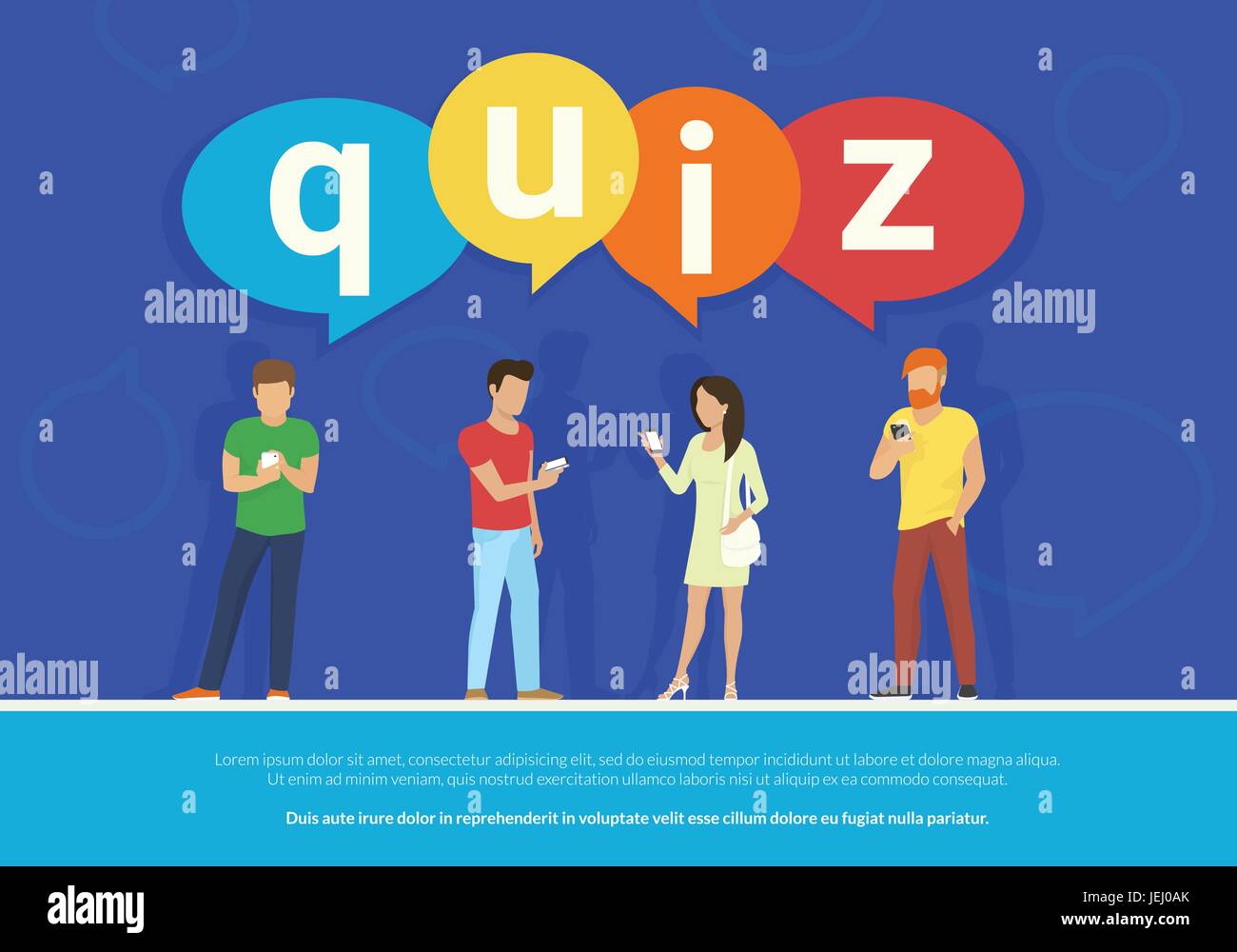 Quiz flat concept vector illustration of young people using mobile ...