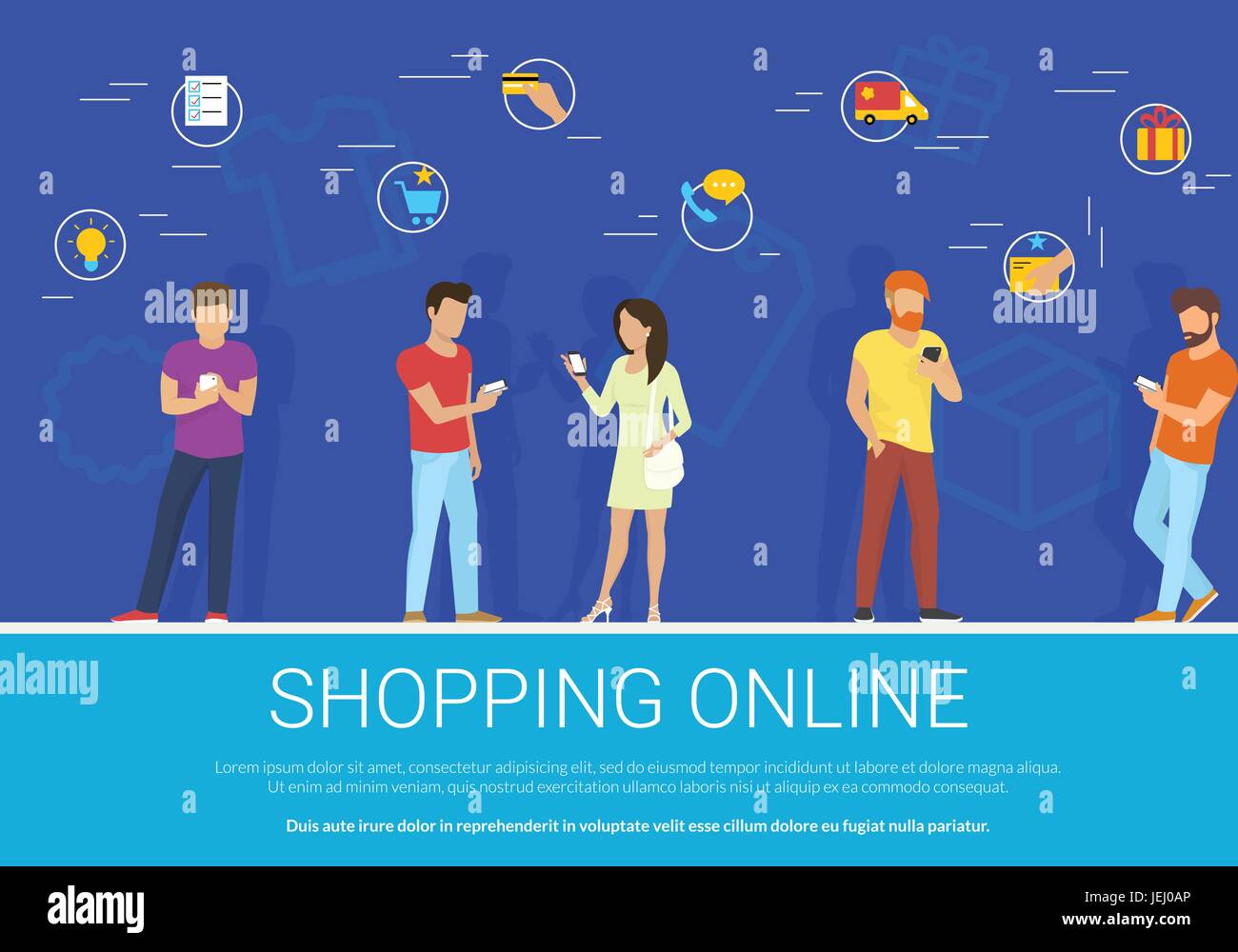 Shopping online concept vector illustration of group of people using ...