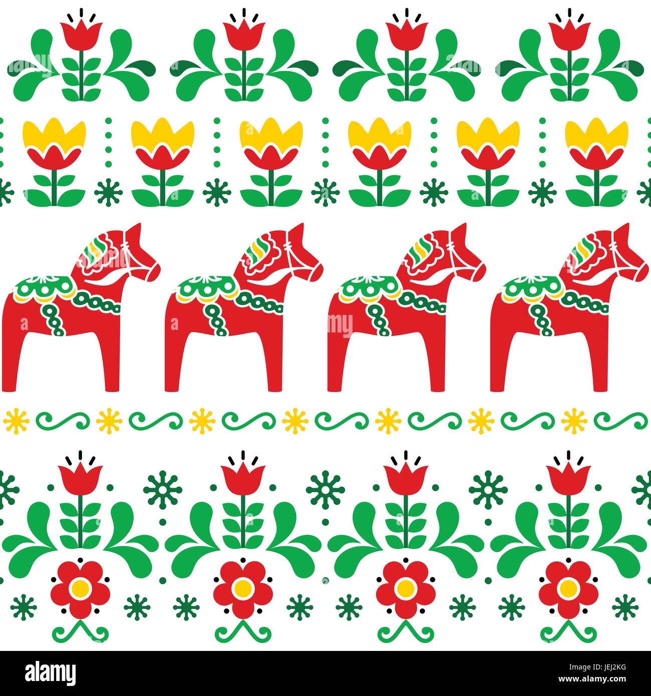 Swedish Dala horse pattern, Scandinavian seamless folk art design with ...