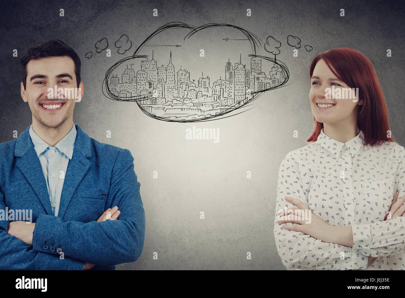 Confident business team imaging together a new business city ...