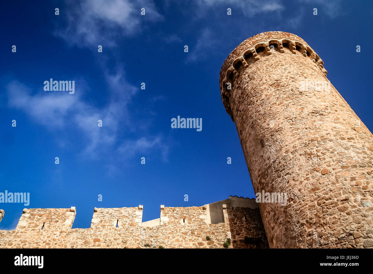 Tower and walls of the Tossa de Mar castle in Costa Brava, Catalunya ...