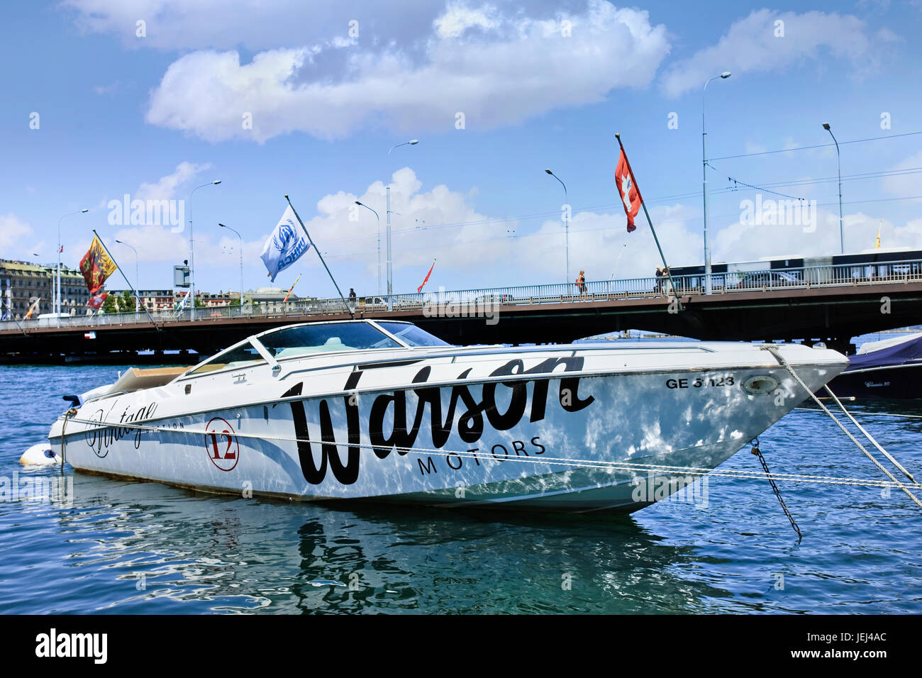 GENEVA – JULY 25, 2011. Moored speed boat at Lake Geneva. Lake Geneva ...