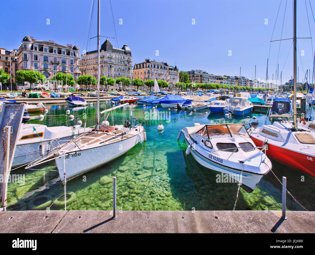 GENEVA–JULY 25, 2011. Luxurious yachts anchored at Lake Geneva. The ...