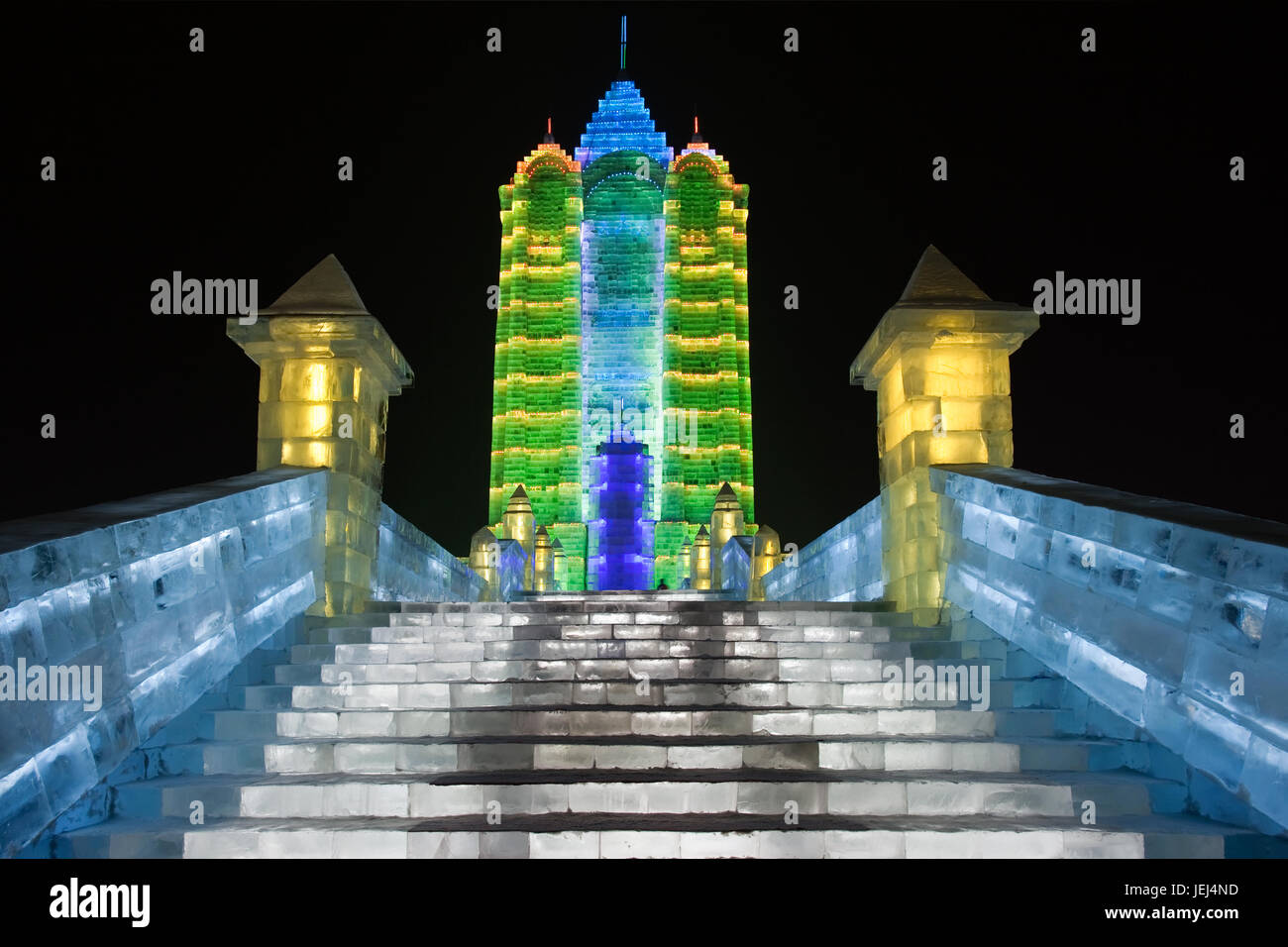 HARBIN-CHINA, JAN. 17, 2010. Stairs of a palace made of ice blocks ...
