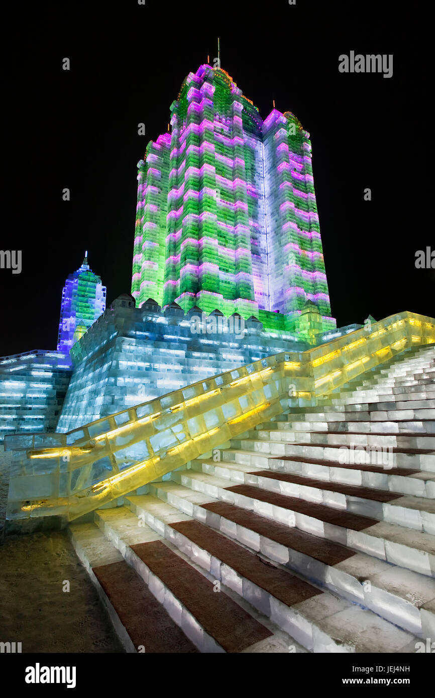 HARBIN-CHINA, JAN. 17, 2010. Stairs of a palace made of ice blocks ...
